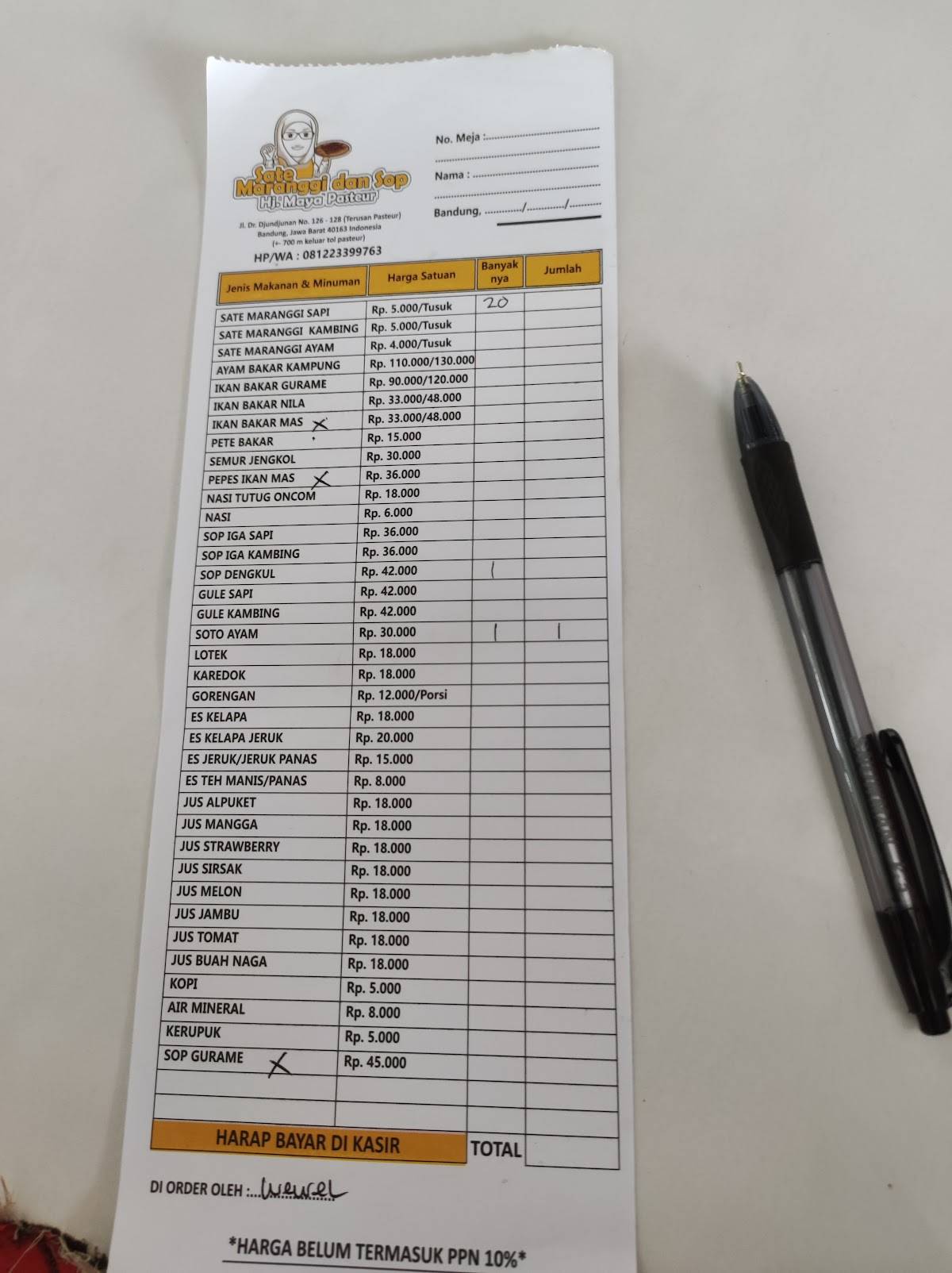 Menu at Sate Maranggi dan Sop Hj. Maya Pasteur restaurant, Bandung