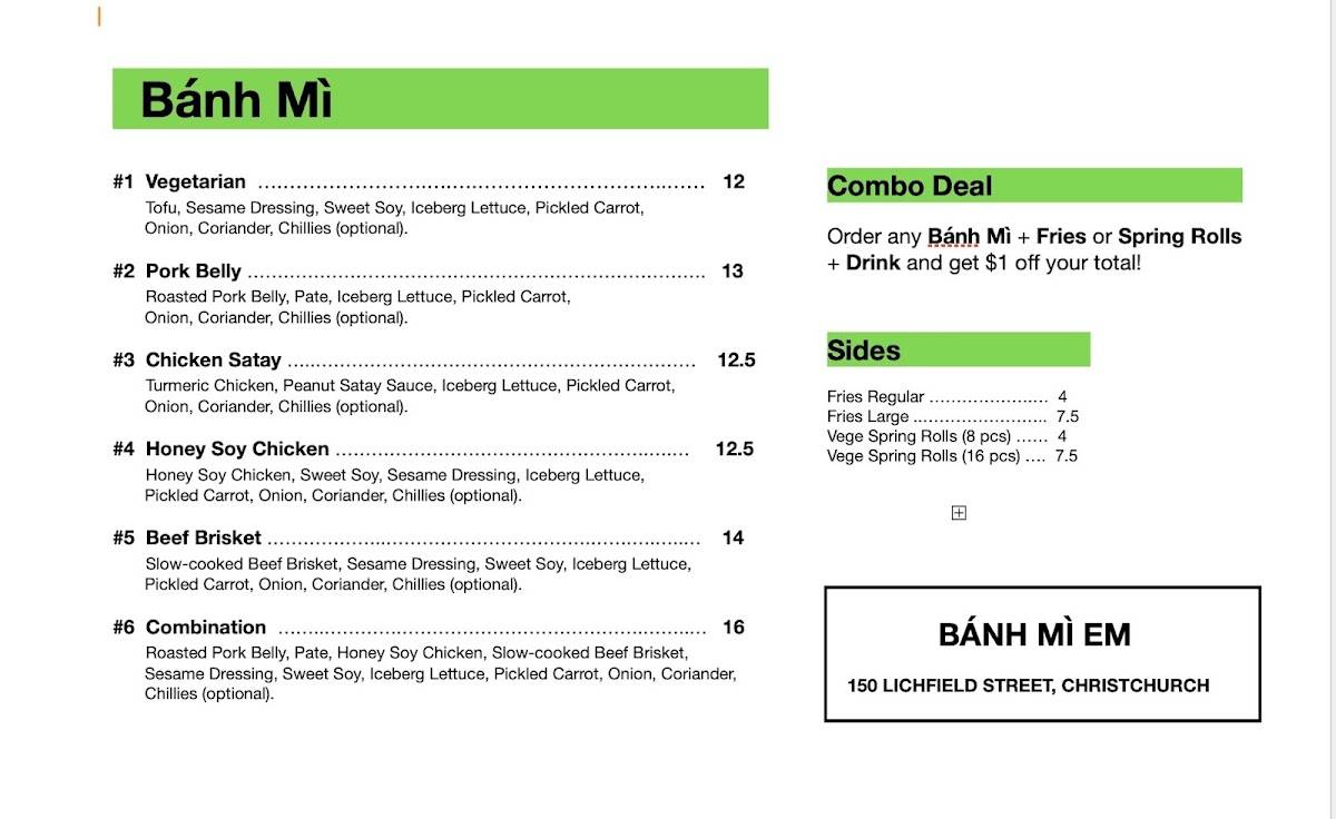 Menu at Banh Mi EM restaurant, Christchurch
