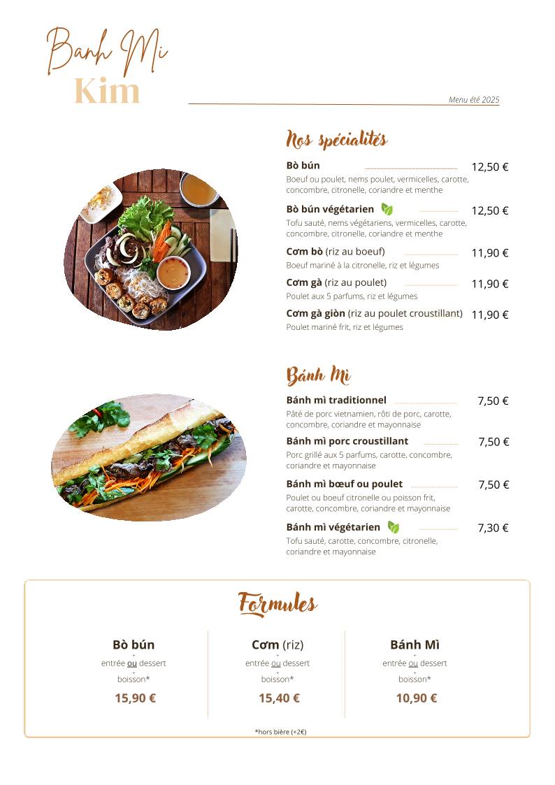 Menu au Bành Mì Kim restaurant, Paris