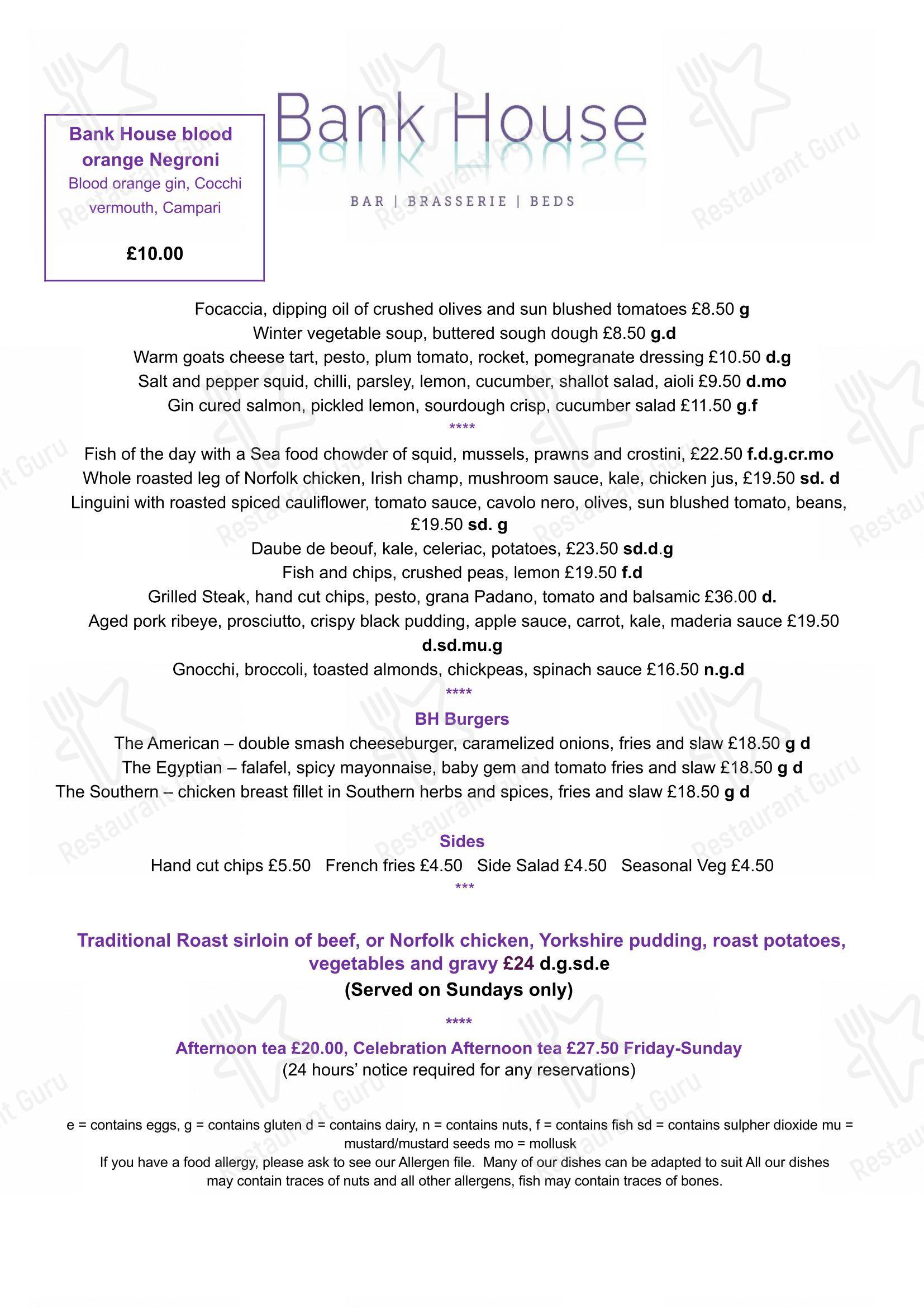 Menu at Bank House pub & bar, King's Lynn