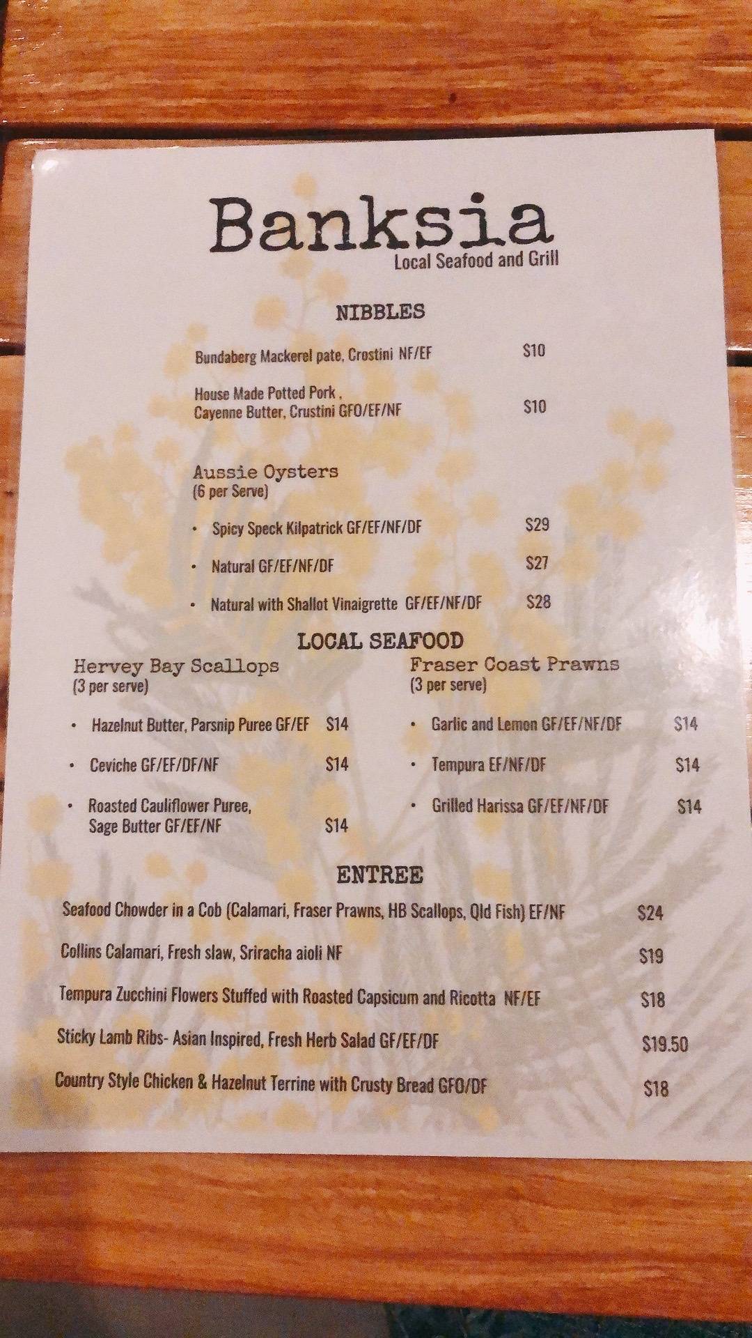 Menu at Banksia Seafood and Grill restaurant, Hervey Bay
