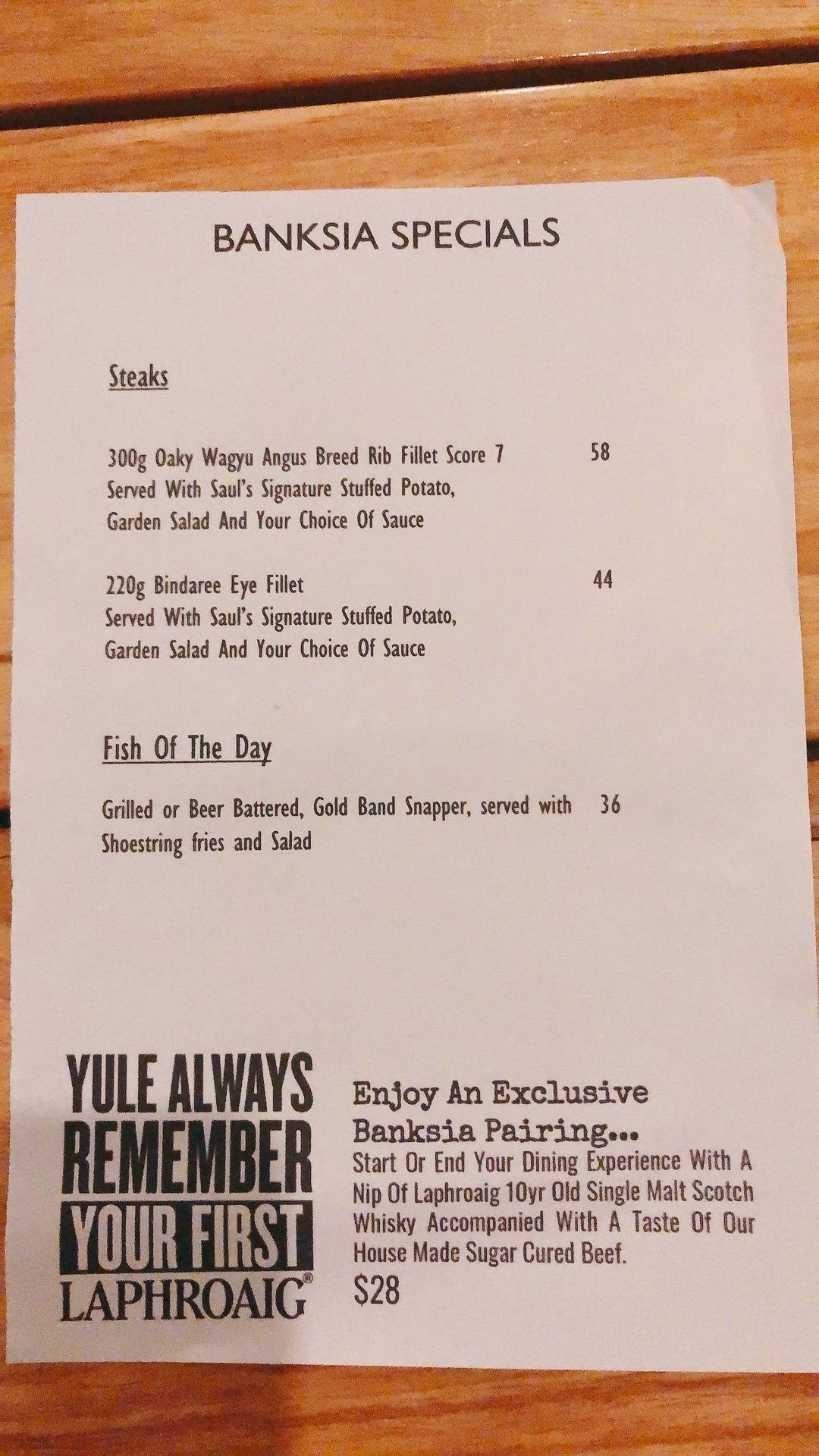 Menu at Banksia Seafood and Grill restaurant, Hervey Bay