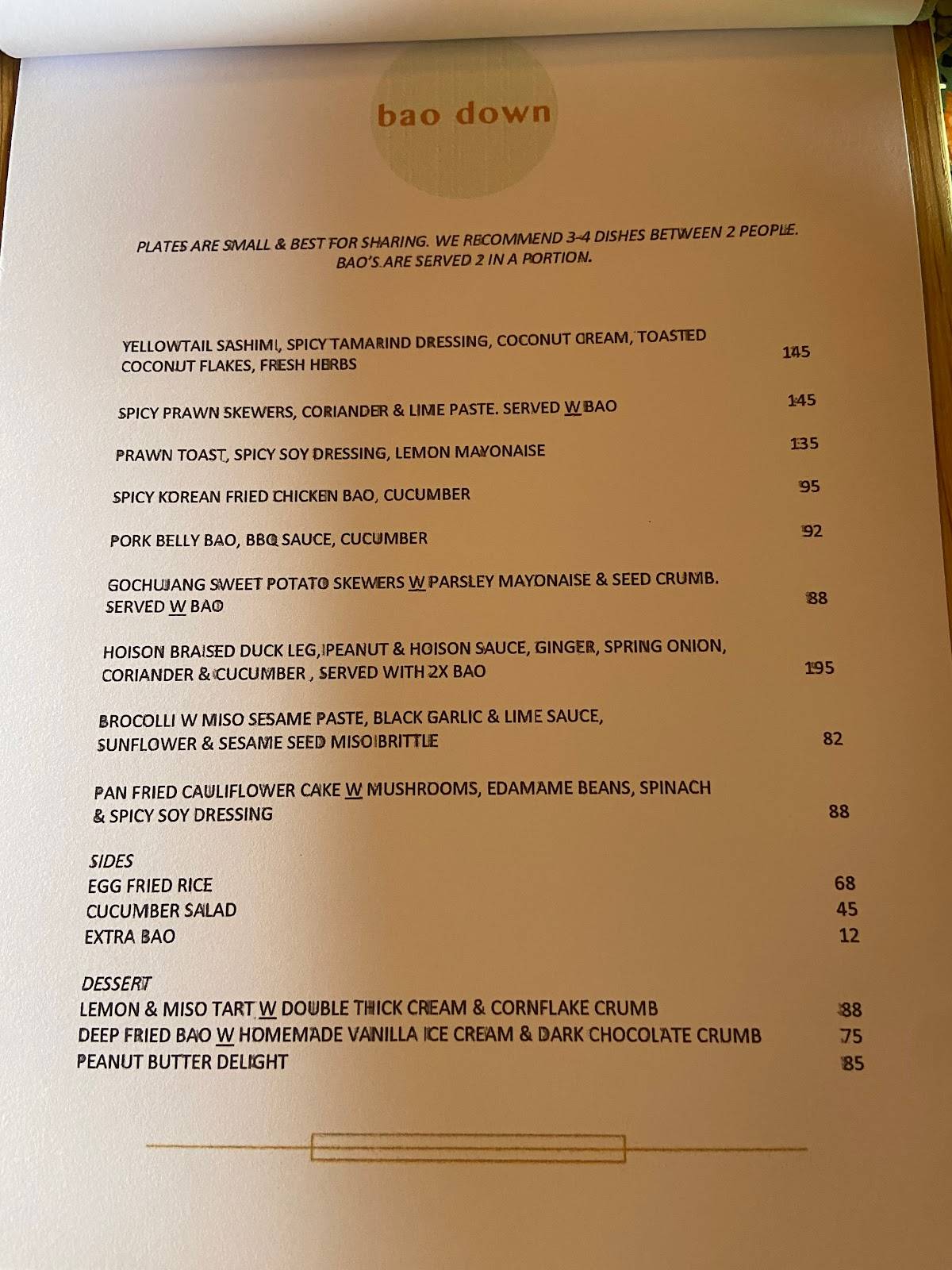 Carta del restaurante Bao Down, Ciudad del Cabo, First Floor