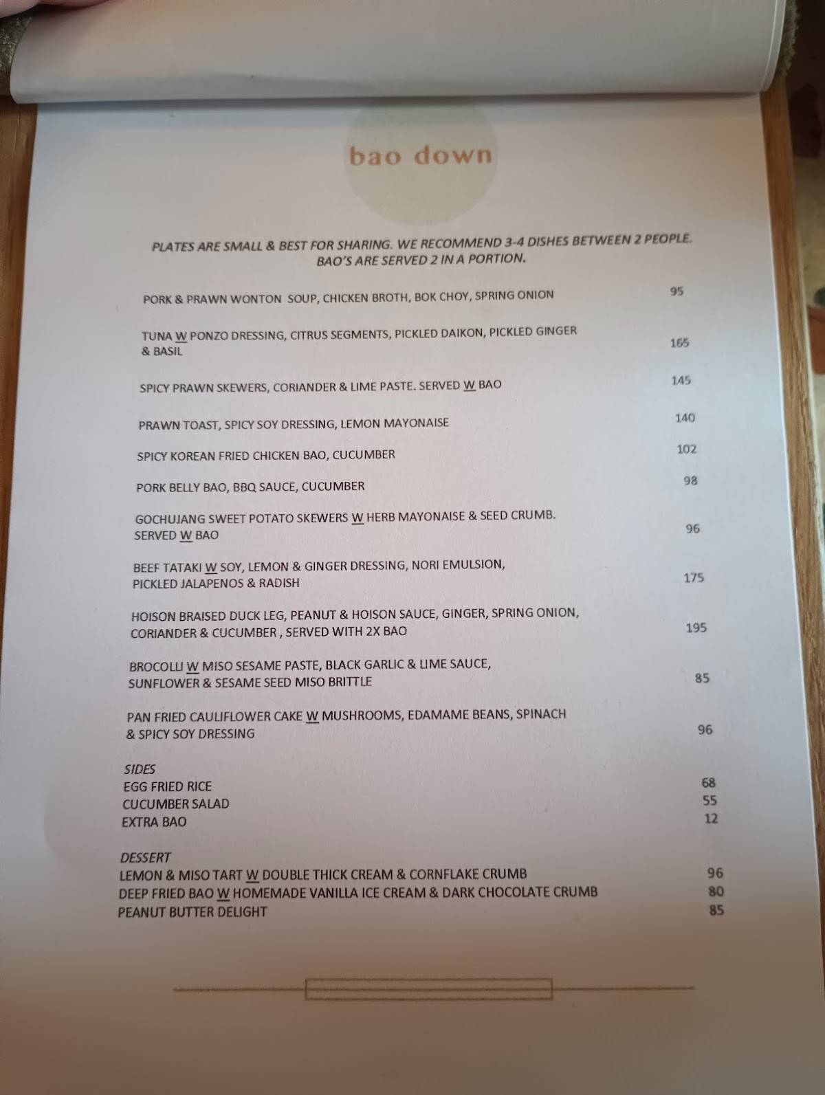 Menu at Bao Down restaurant, Cape Town, First Floor