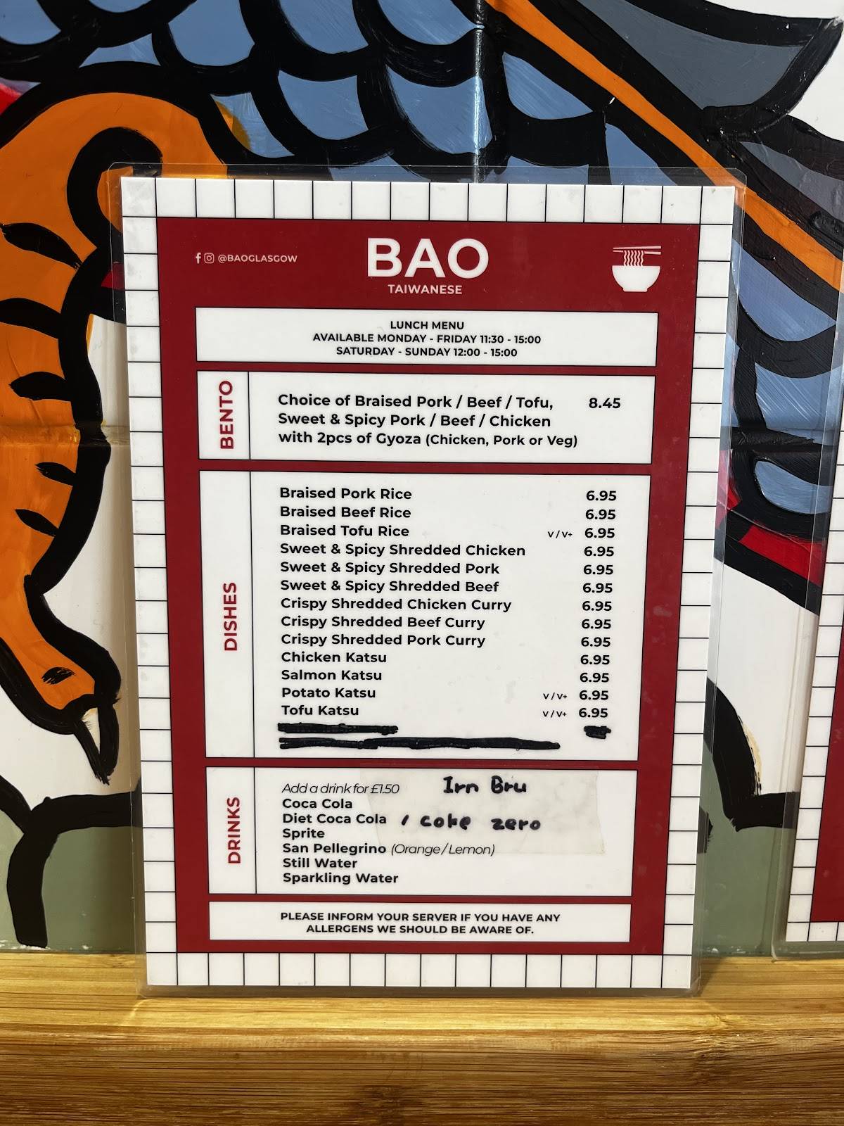 Menu at Bao restaurant, Glasgow