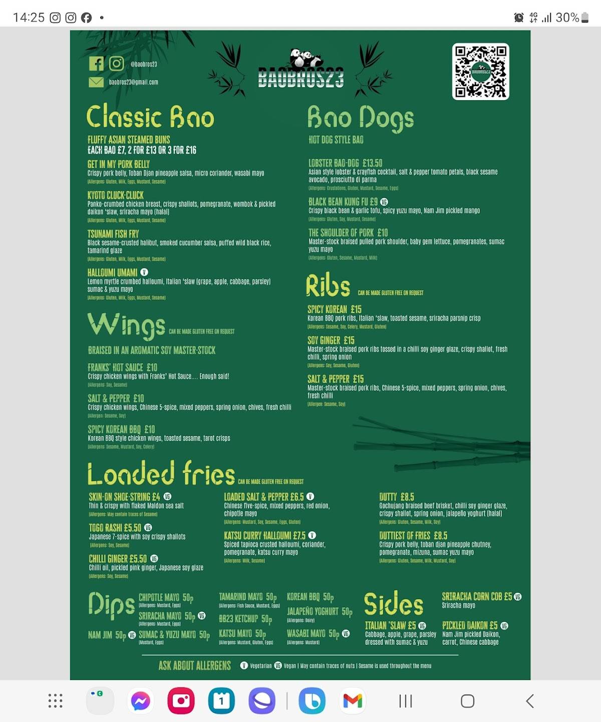 Menu at Baobros23 restaurant, Marsden