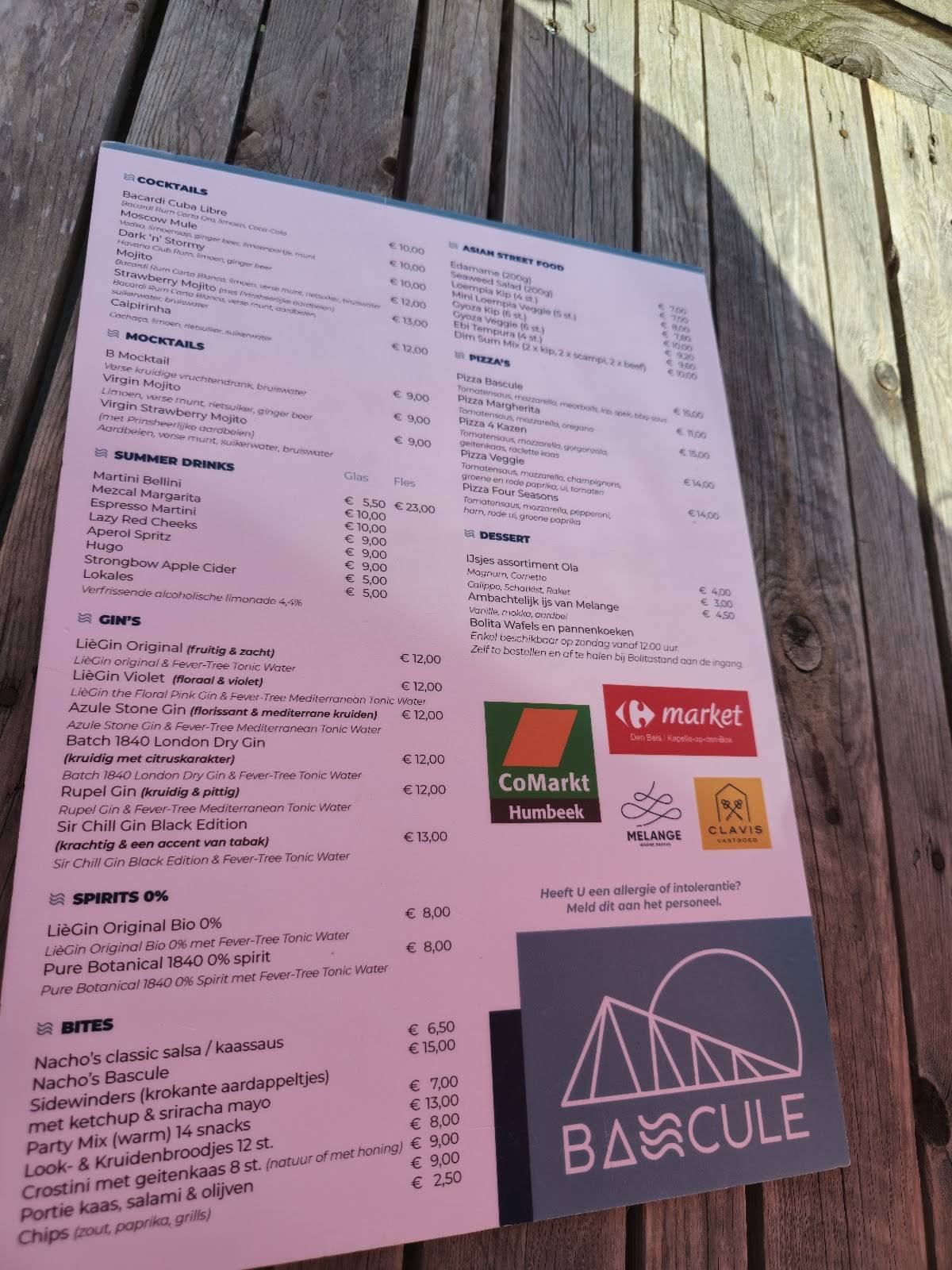 Menu at Bar Bascule, Kapelle-op-den-Bos