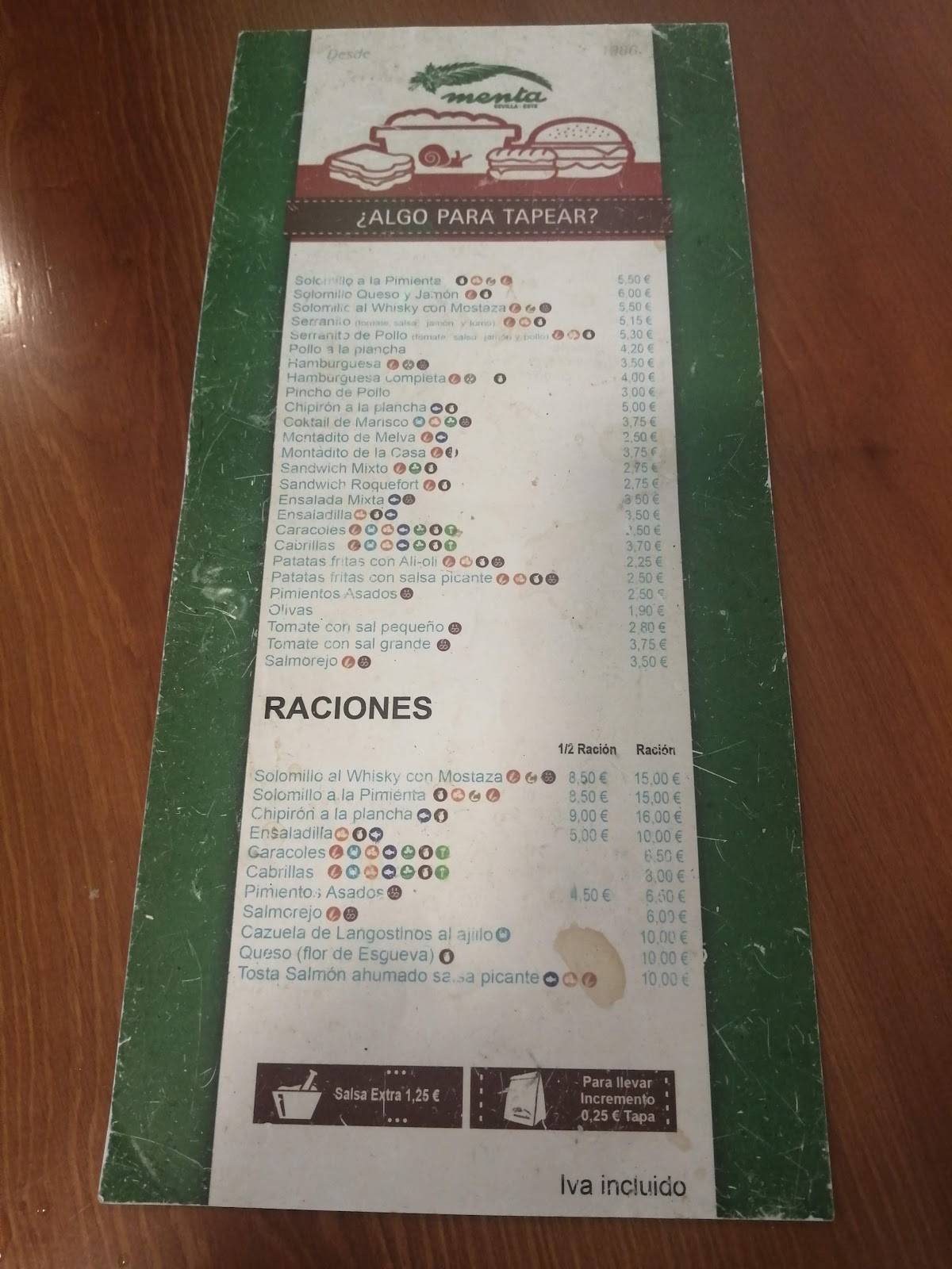 Carta de Bar Menta, Sevilla