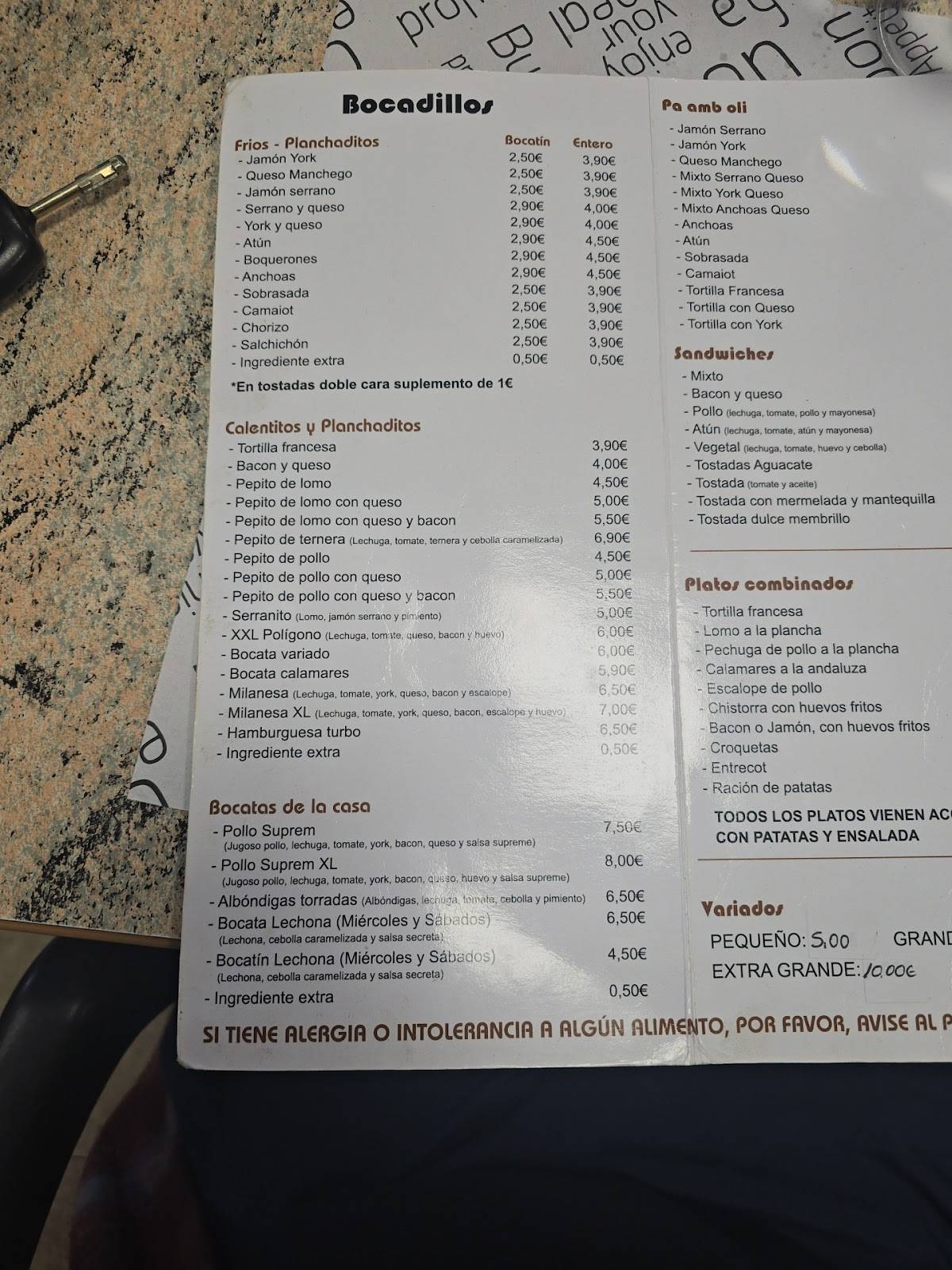 Carta de Bar Restaurant Polígon Inca, Inca