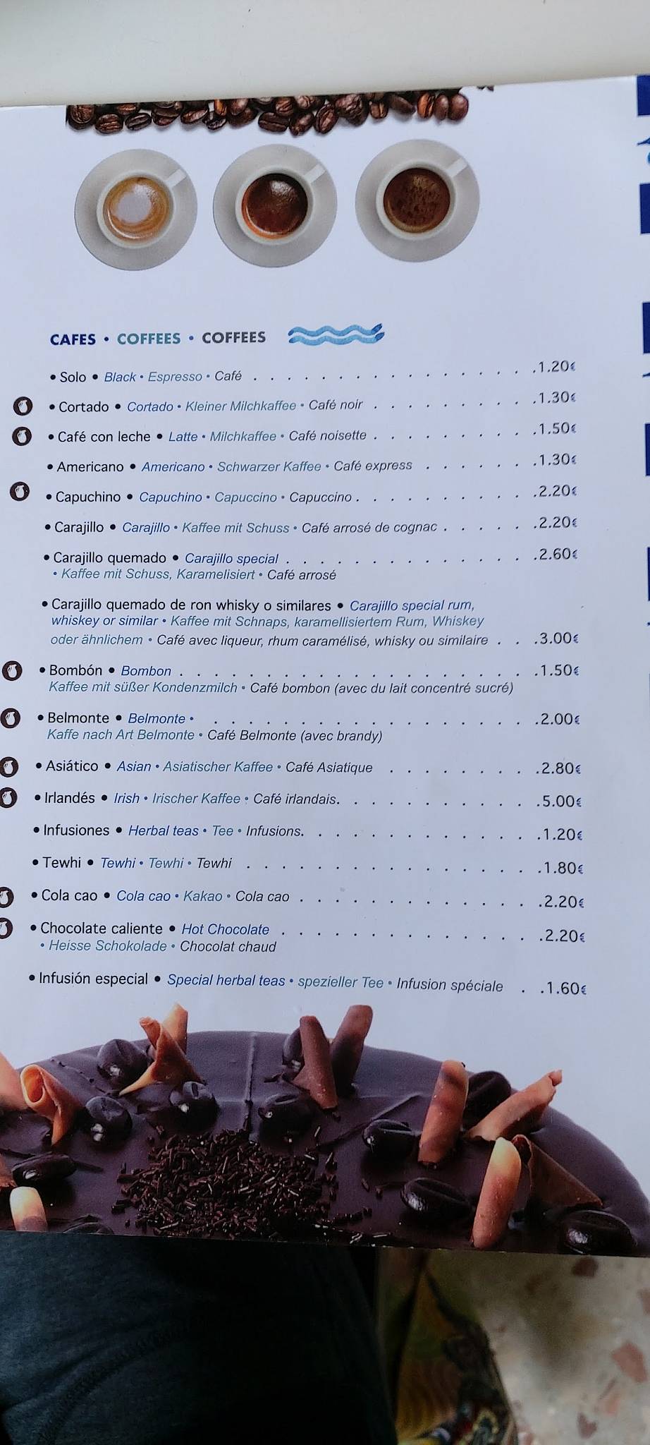 Carta de Bar-Restaurante Candela, La Marina, Playa de La Marina