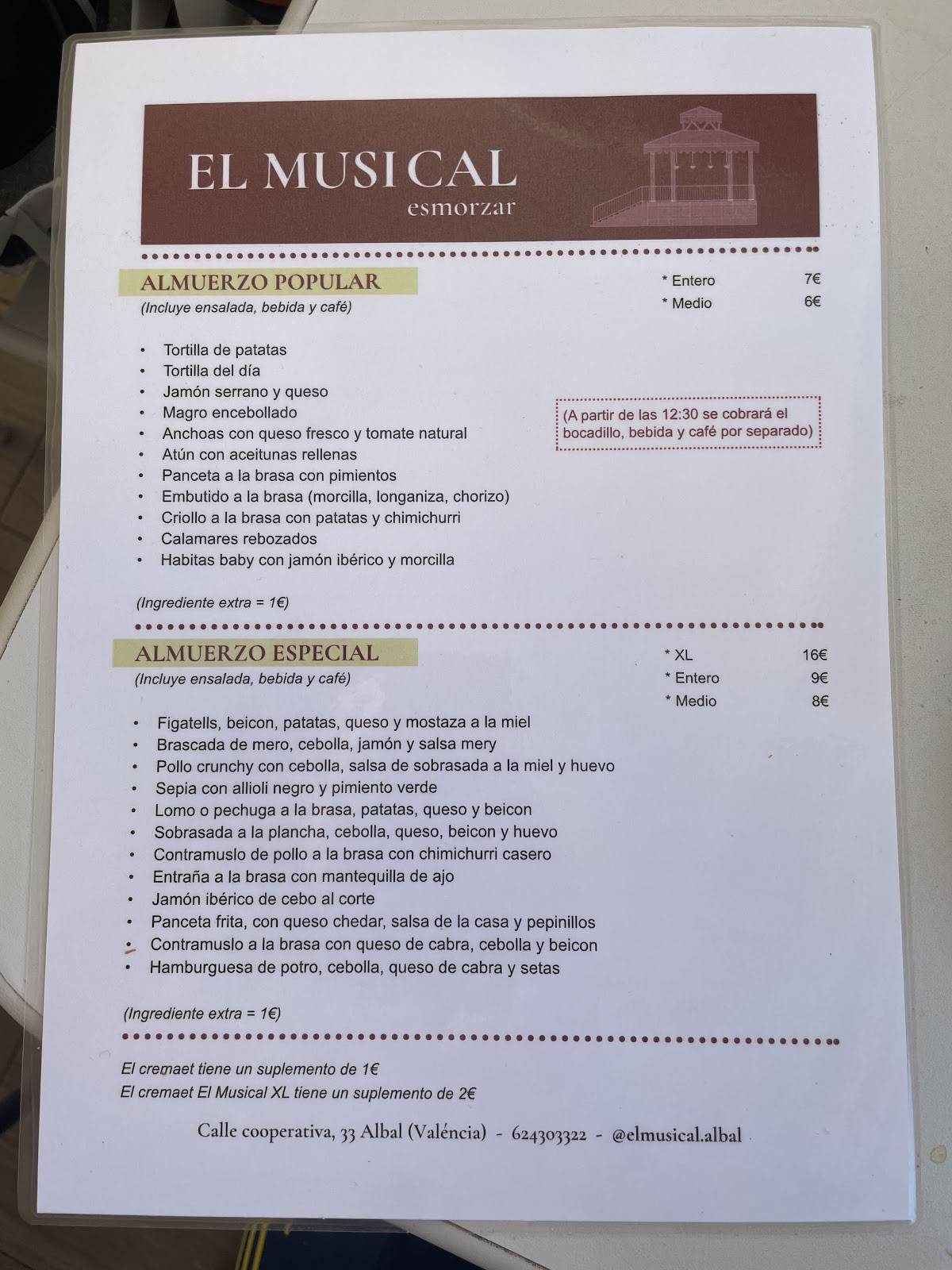 Carta de Bar Restaurante "El Musical", Albal