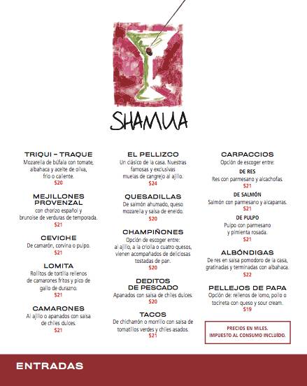 Carta de Bar Shamua, Bogotá, Av. Cra 19 #114-70