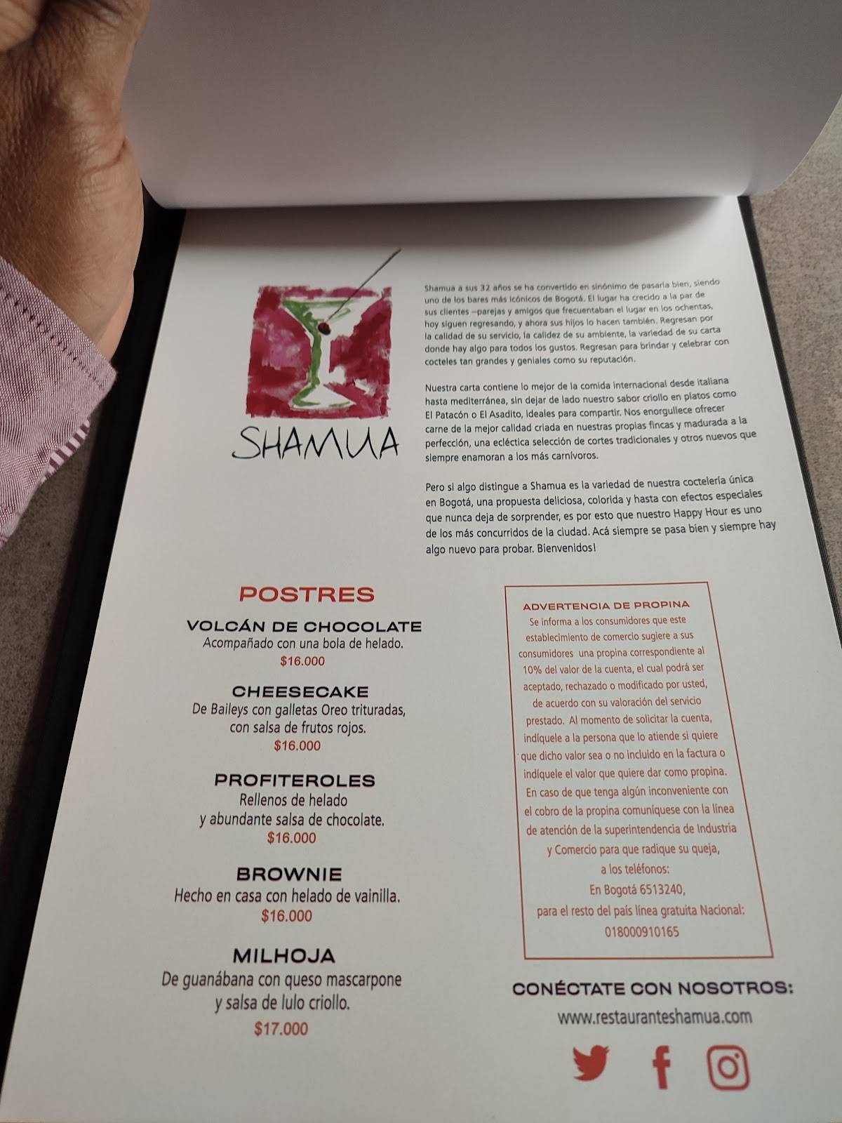 Carta de Bar Shamua, Bogotá, Av. Cra 19 #114-70