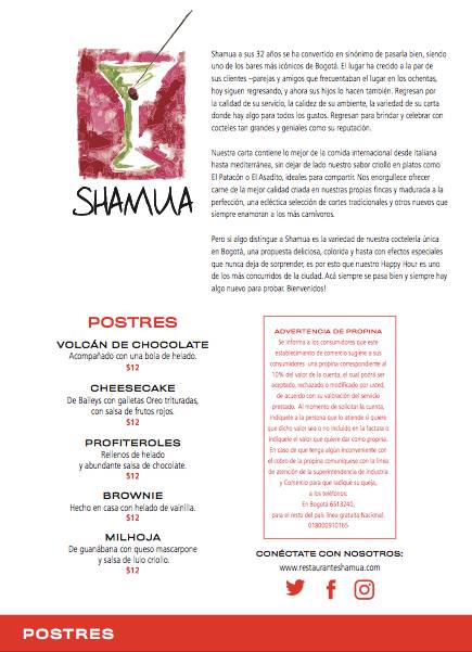 Carta de Bar Shamua, Bogotá, Av. Cra 19 #114-70