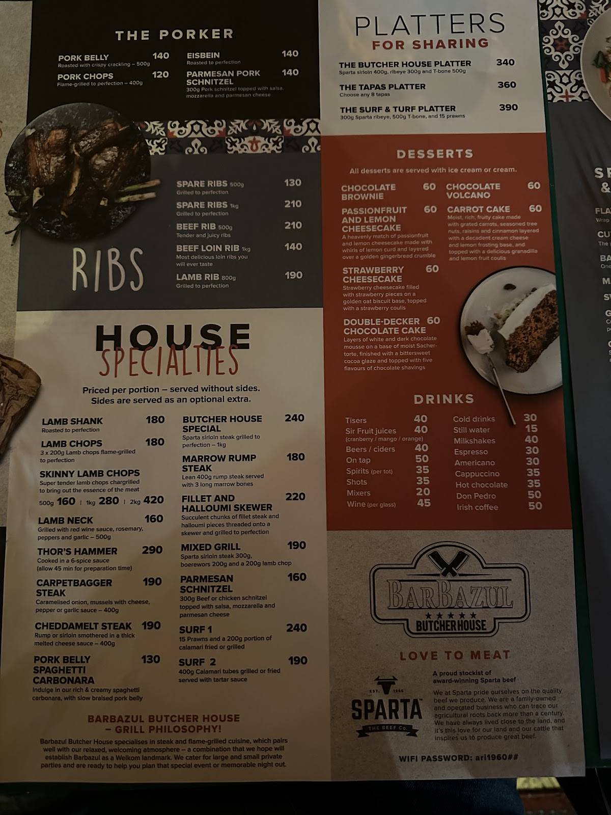 Menu at BarBazul, Welkom