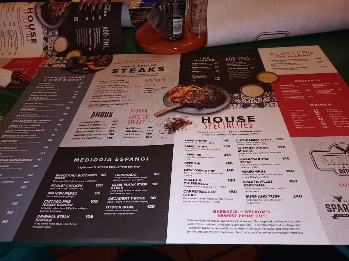 Menu at BarBazul, Welkom