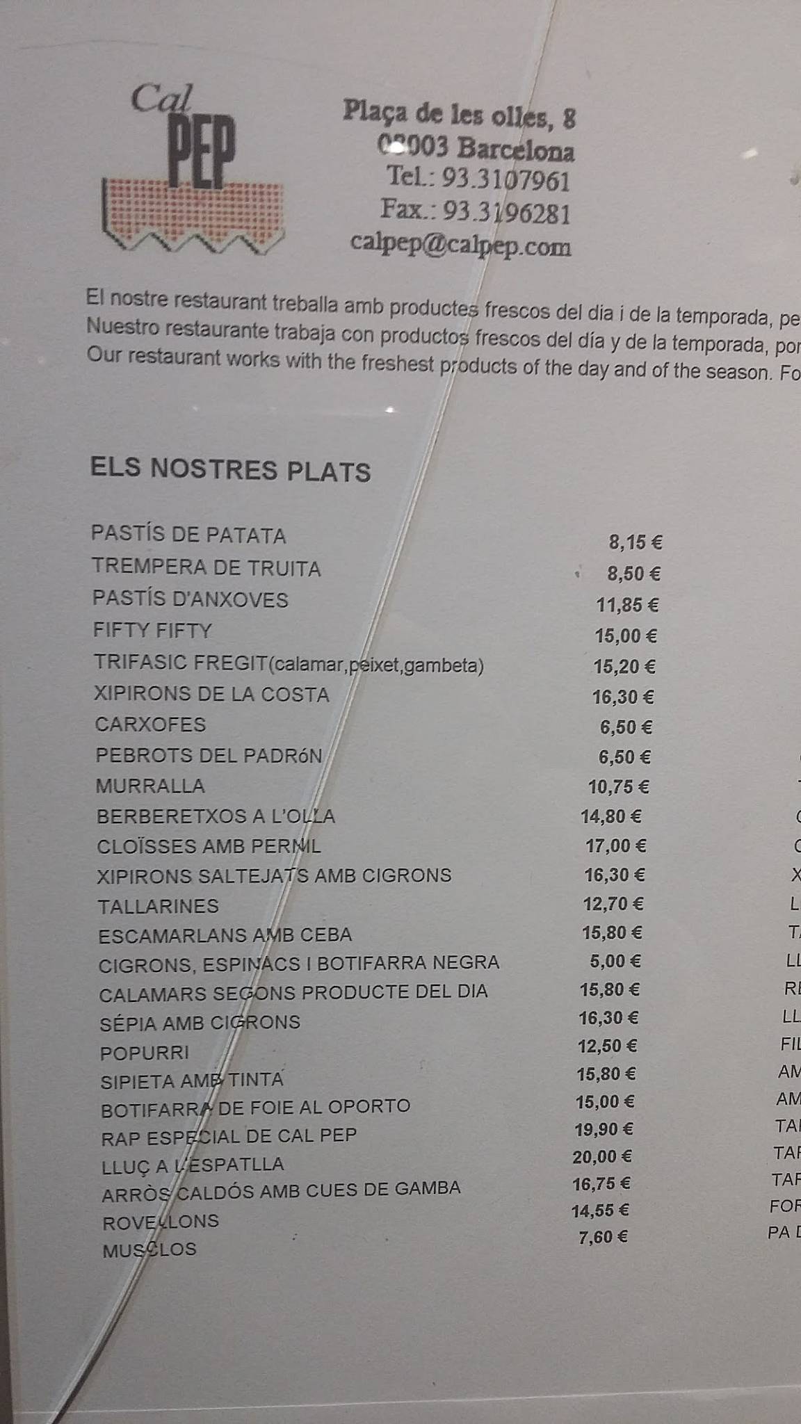 Menu at Cal Pep pub & bar, Barcelona, Plaça de les Olles