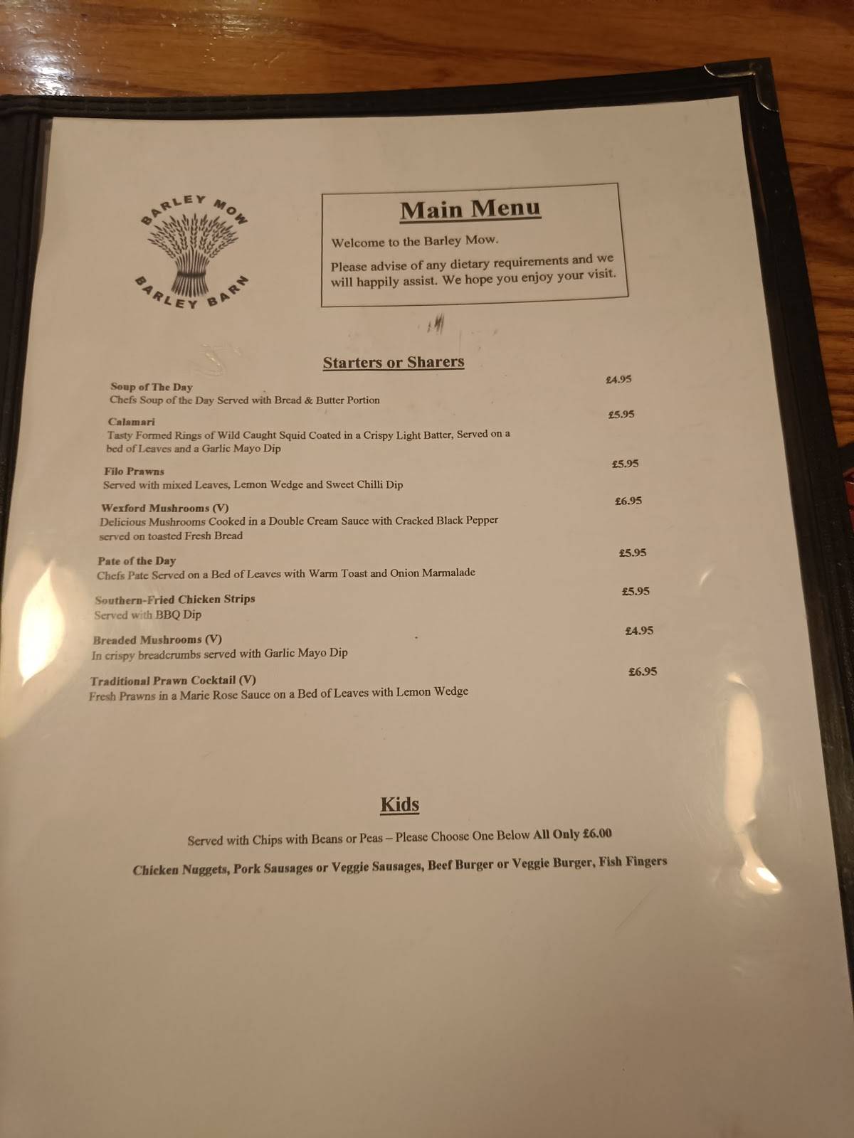 Menu at Barley Mow, Rugby