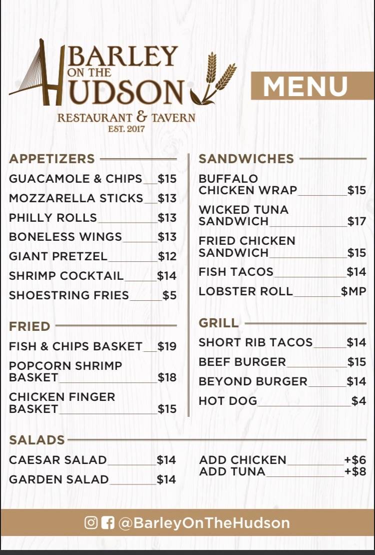 Menu at Barley on the Hudson, Tarrytown