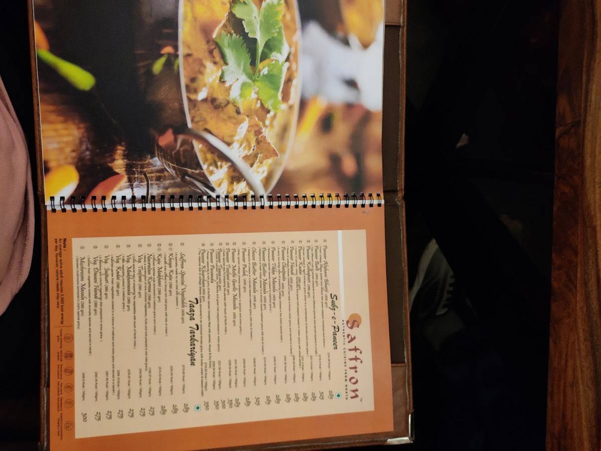 Menu at Saffron, Barmer