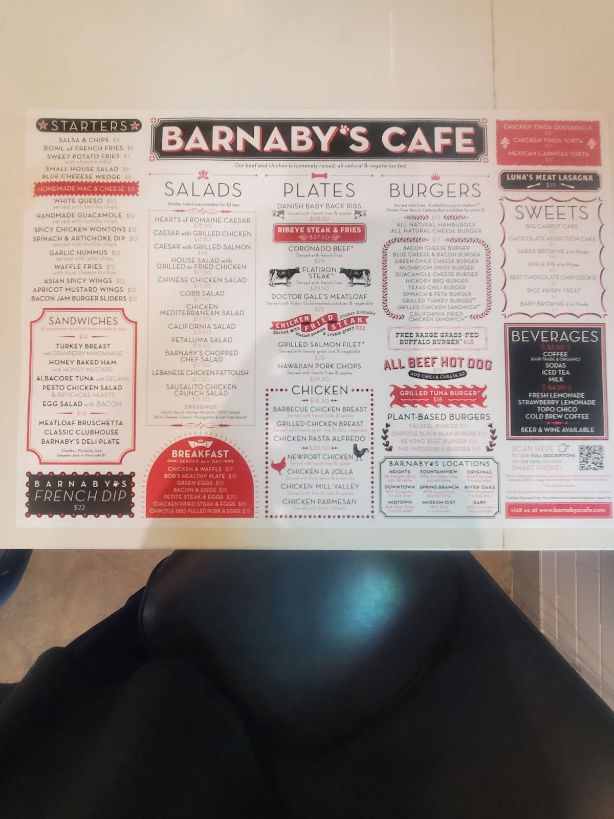 Carta de Barnaby's Cafe, Houston, Fountain View Dr