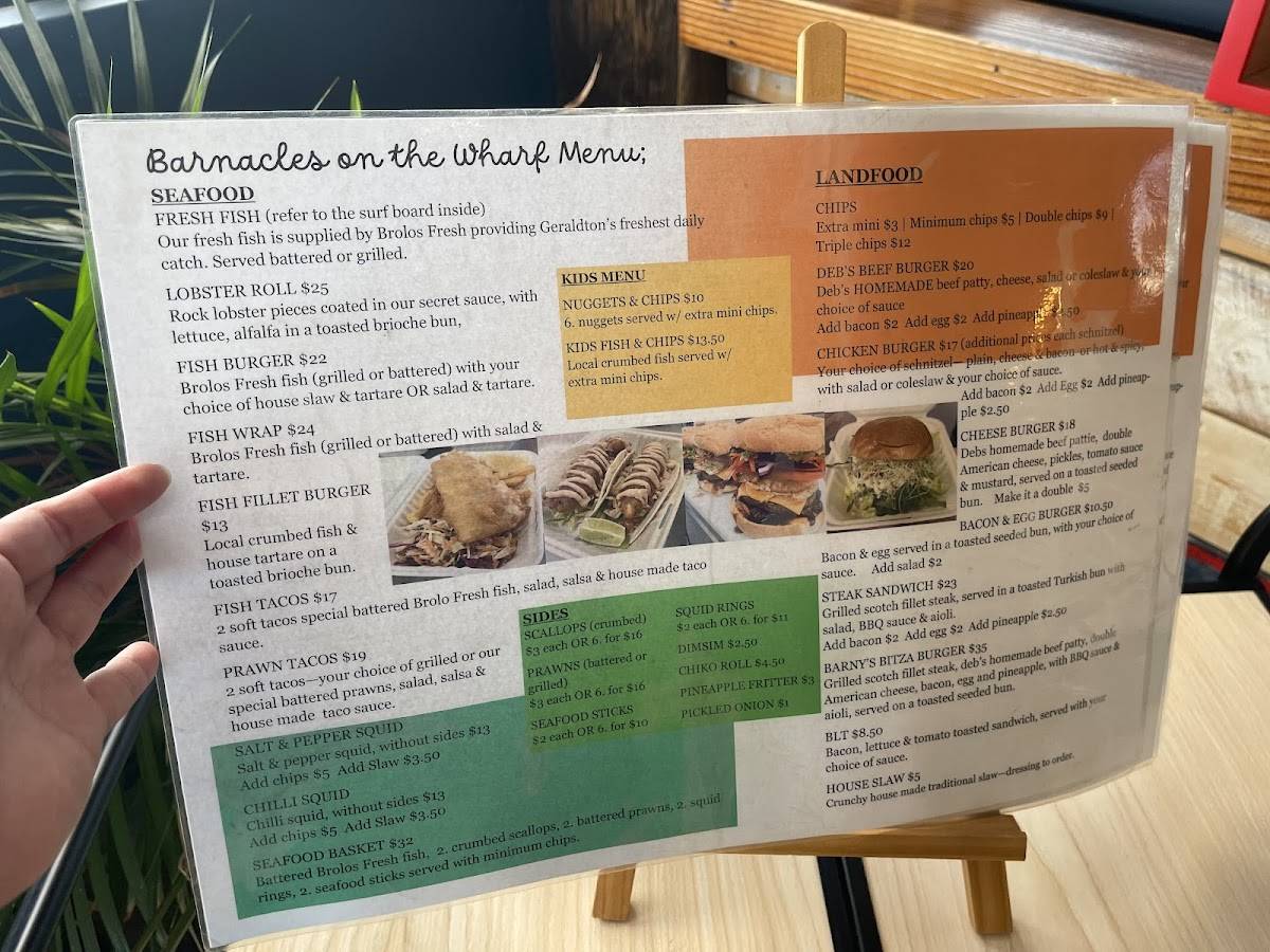 Menu at Barnacles on the Wharf, West End