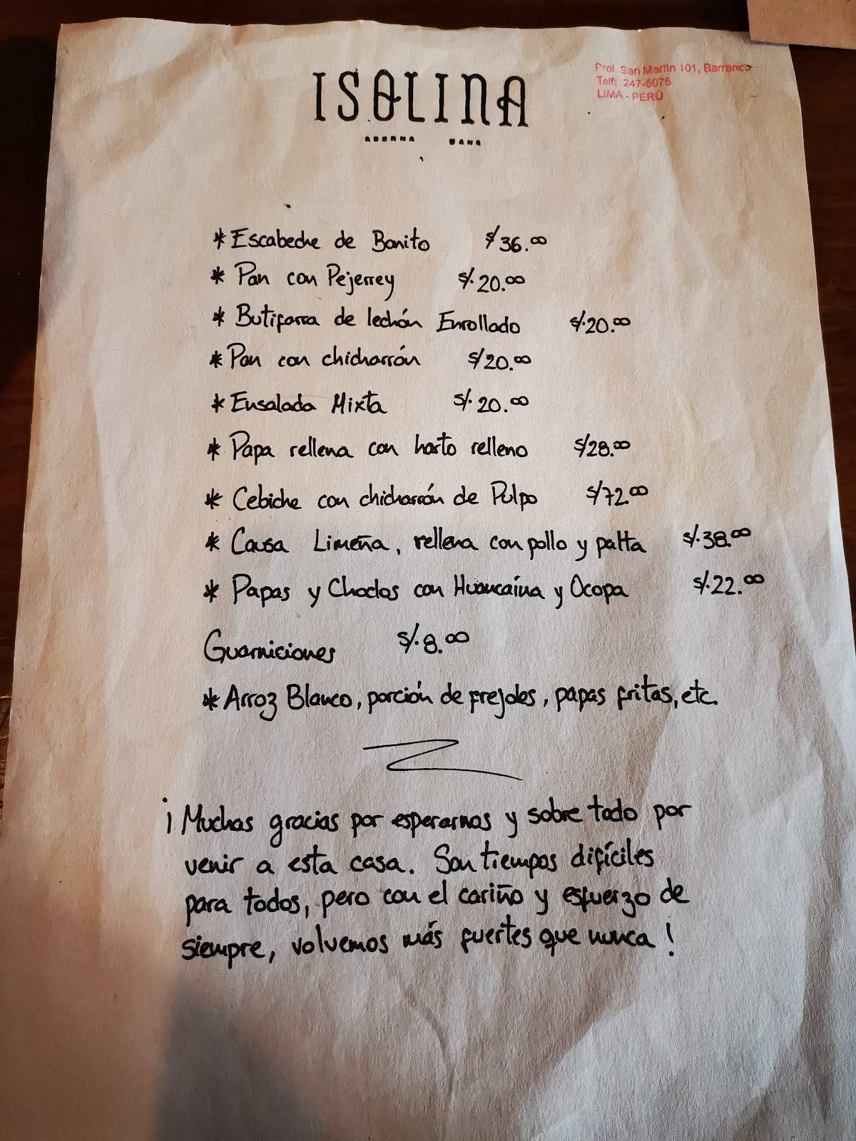 Carta del restaurante Isolina Taberna Peruana, Barranco