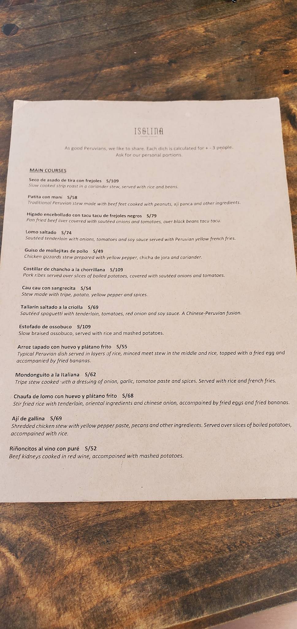 Carta del restaurante Isolina Taberna Peruana, Barranco
