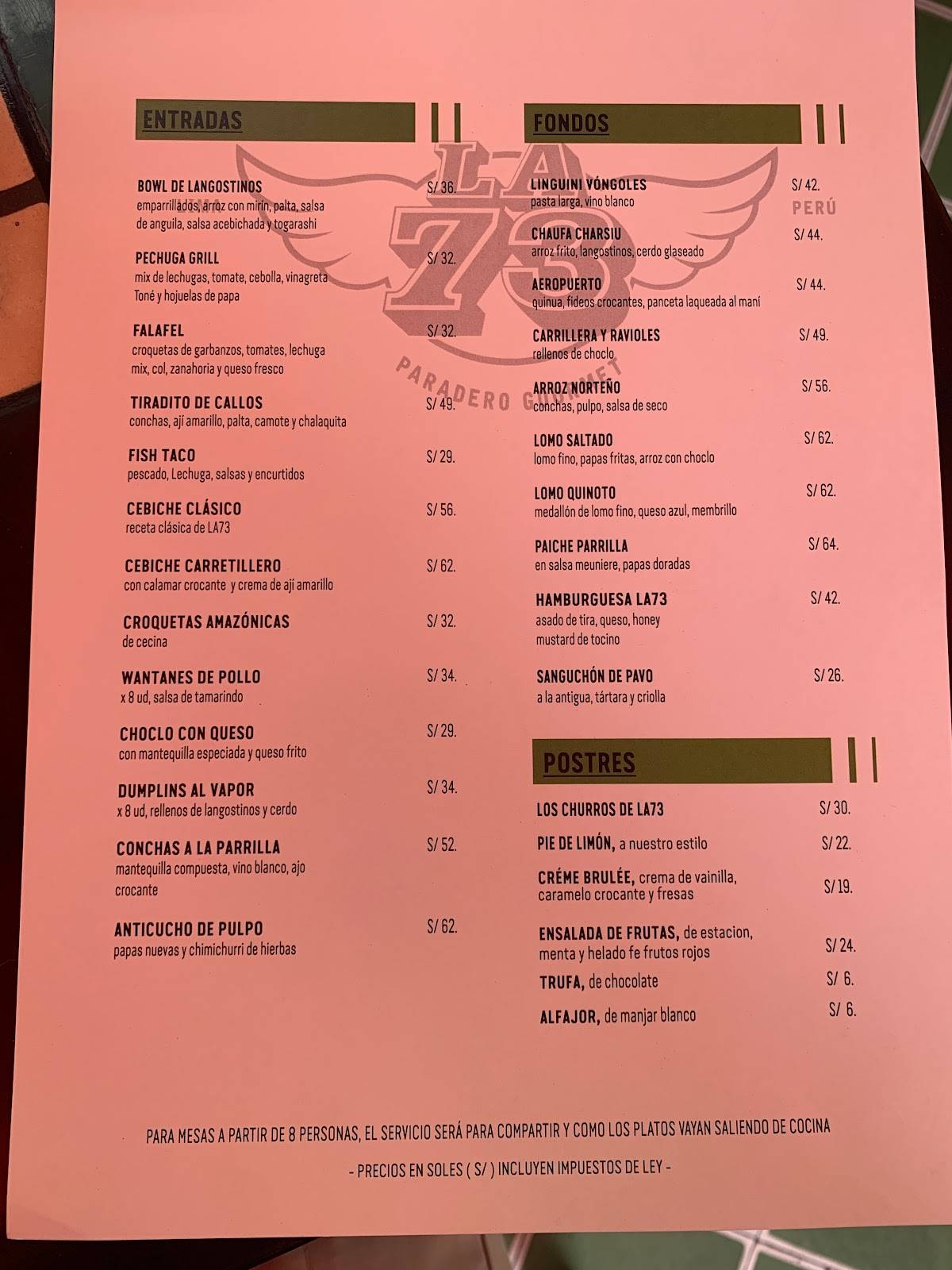 Carta del restaurante La 73, Barranco