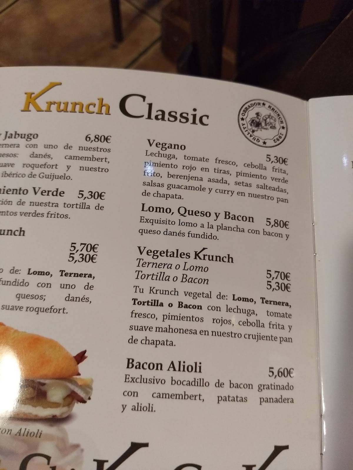 Carta del restaurante Krunch, Basauri