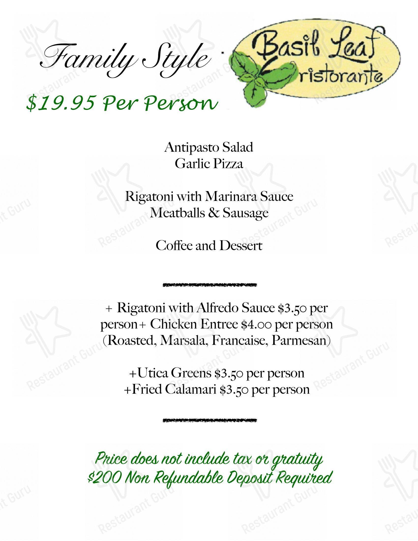 Menu at Basil Leaf restaurant, Syracuse
