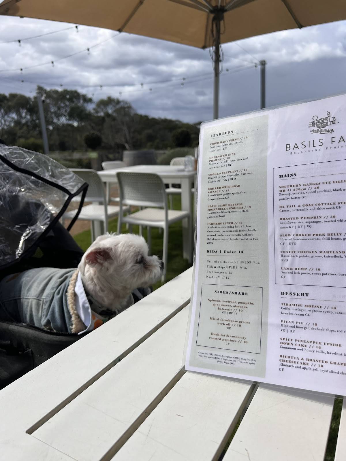 Menu at Basils Farm cafe, Swan Bay