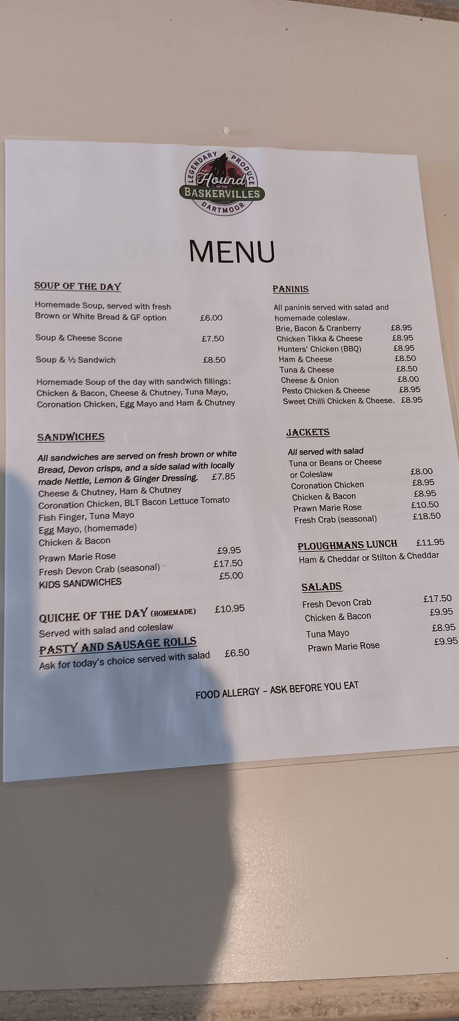 Menu at Baskervilles Ice Cream Parlour & Coffee Shop cafe, Moretonhampstead