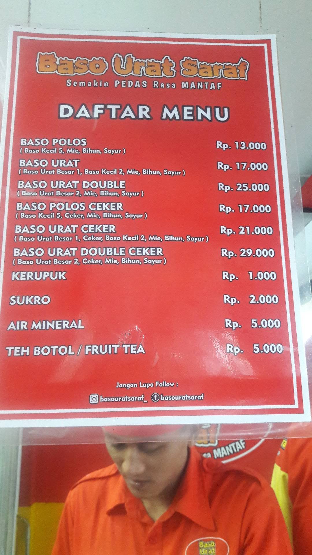 Menu at Baso Urat Saraf Indrayasa restaurant, Bandung