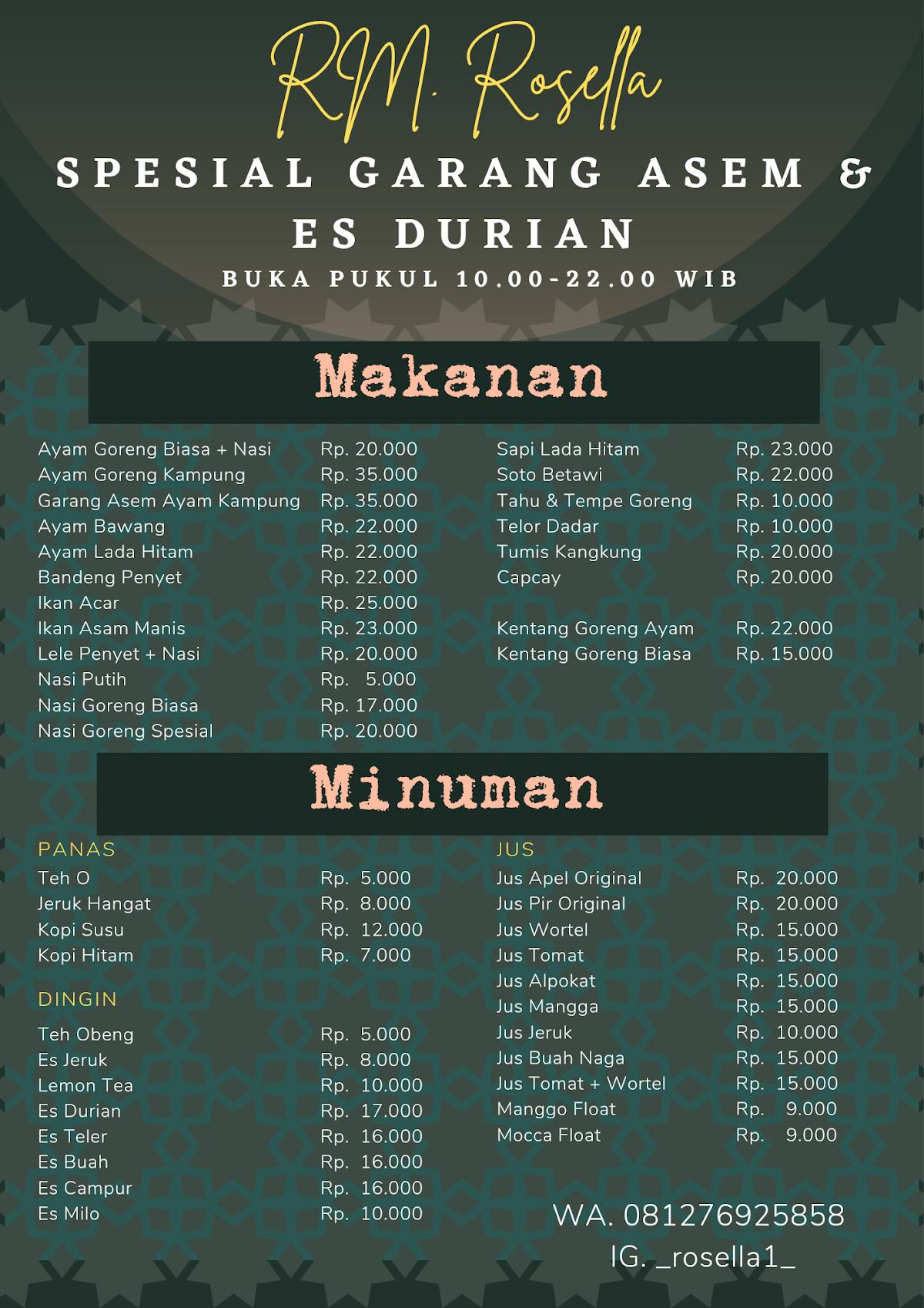 Menu at Rumah Makan Rosella restaurant, Batam