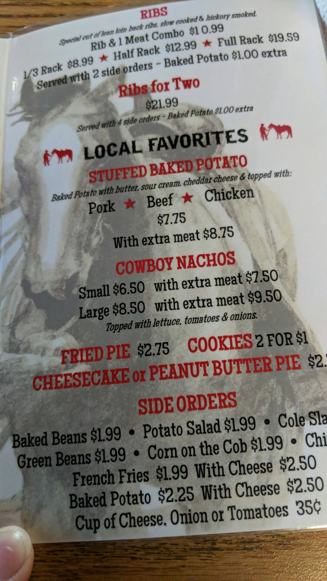 Menu at Cowboy's Barbecue, Batesville