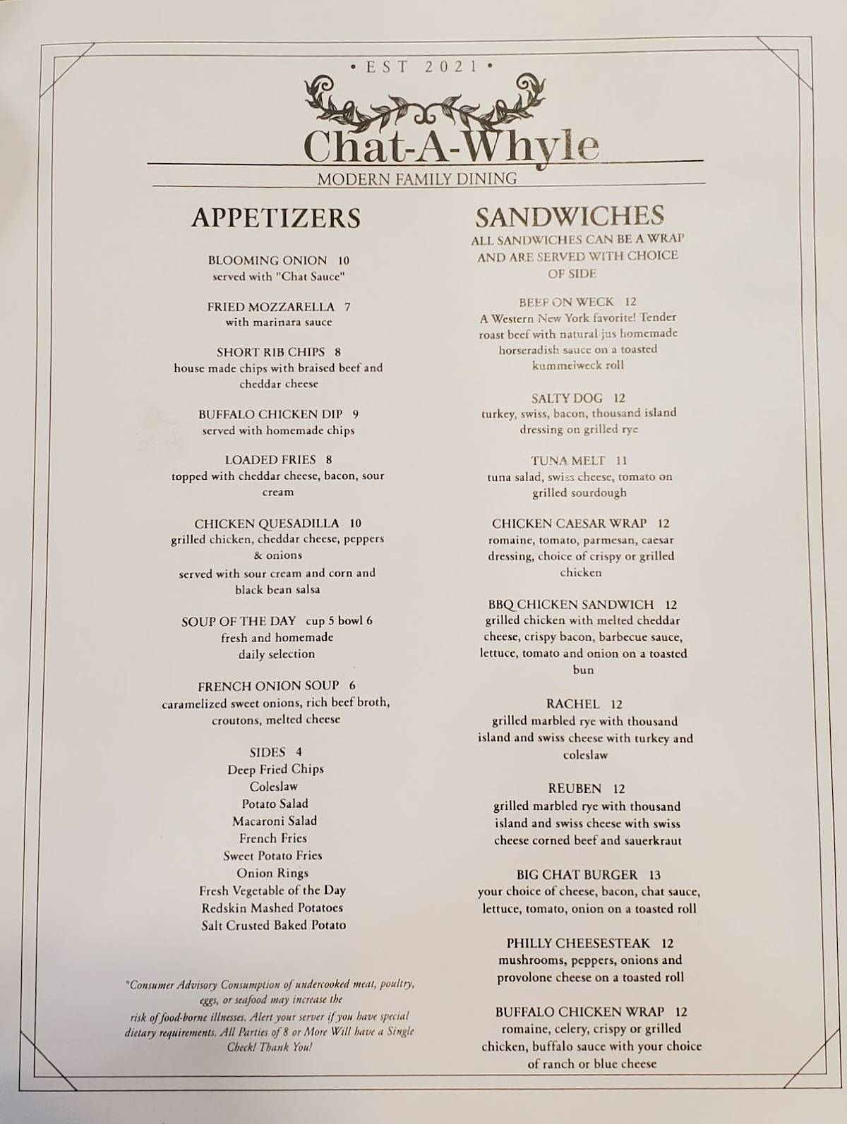 Menu at Chat-A-Whyle Restaurant, Bath