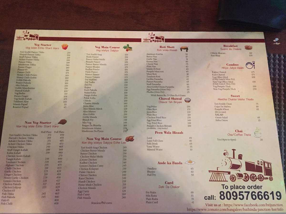 Menu at Bathinda Junction HSR, Bengaluru, 16