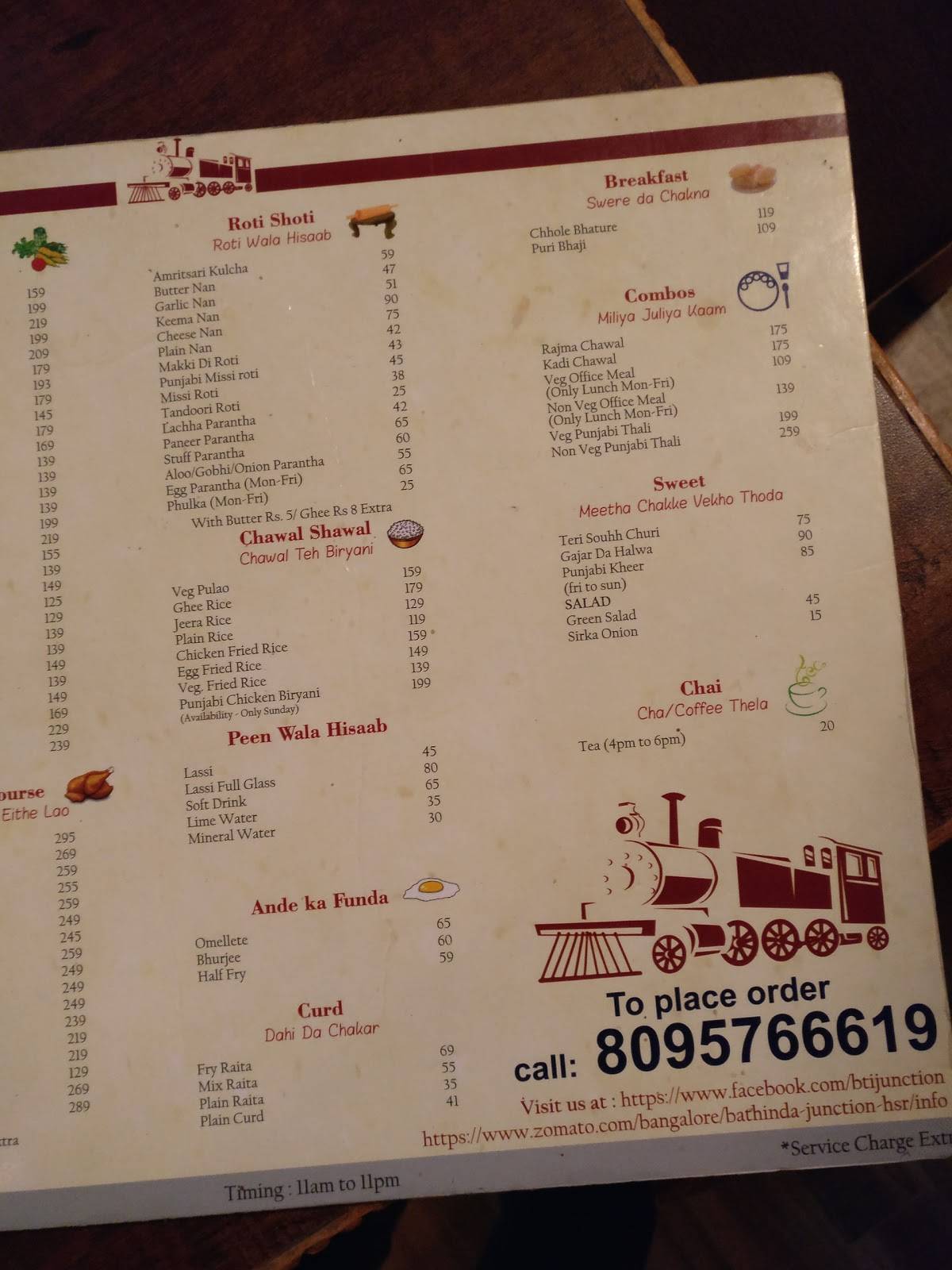 Menu at Bathinda Junction HSR, Bengaluru, 16