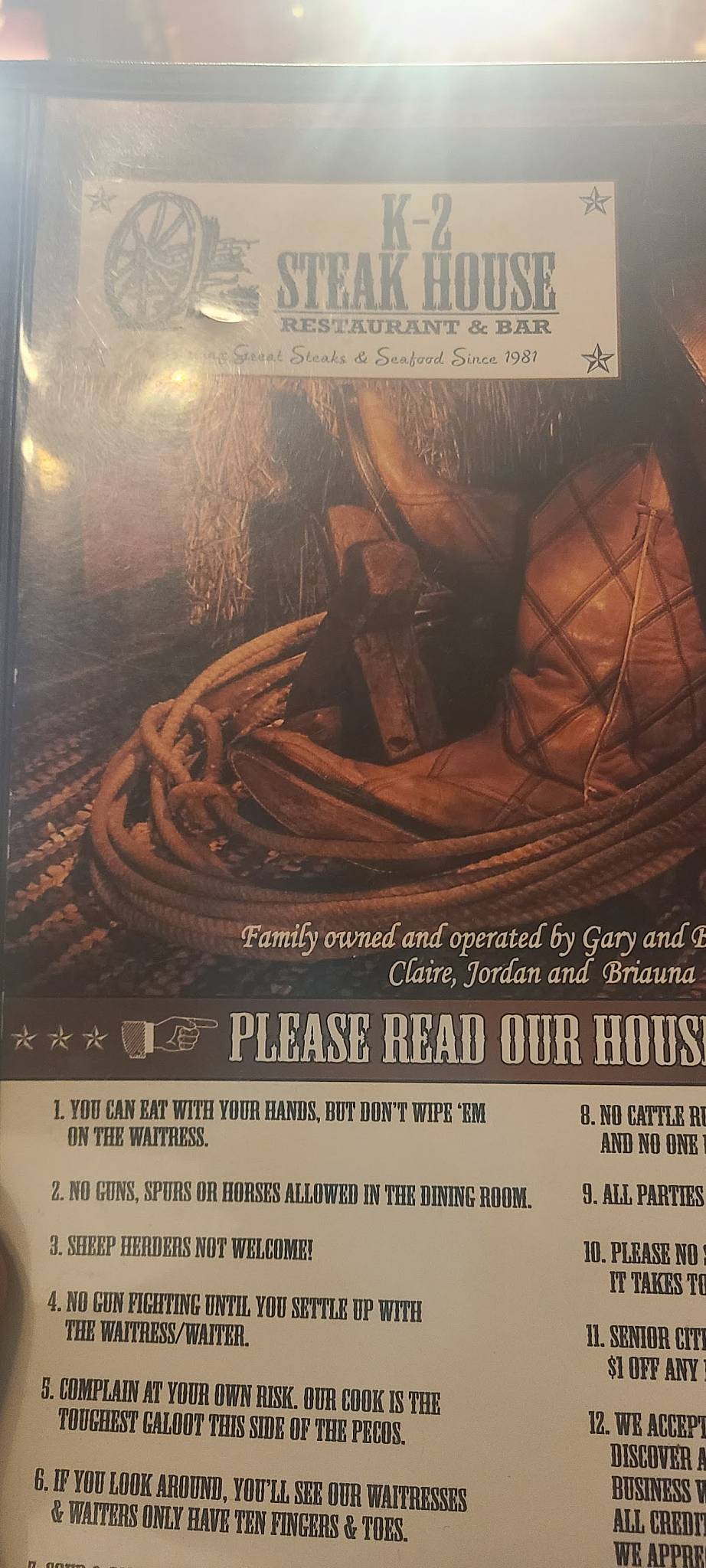 Menu at K-2 Steak House steakhouse, Bay City