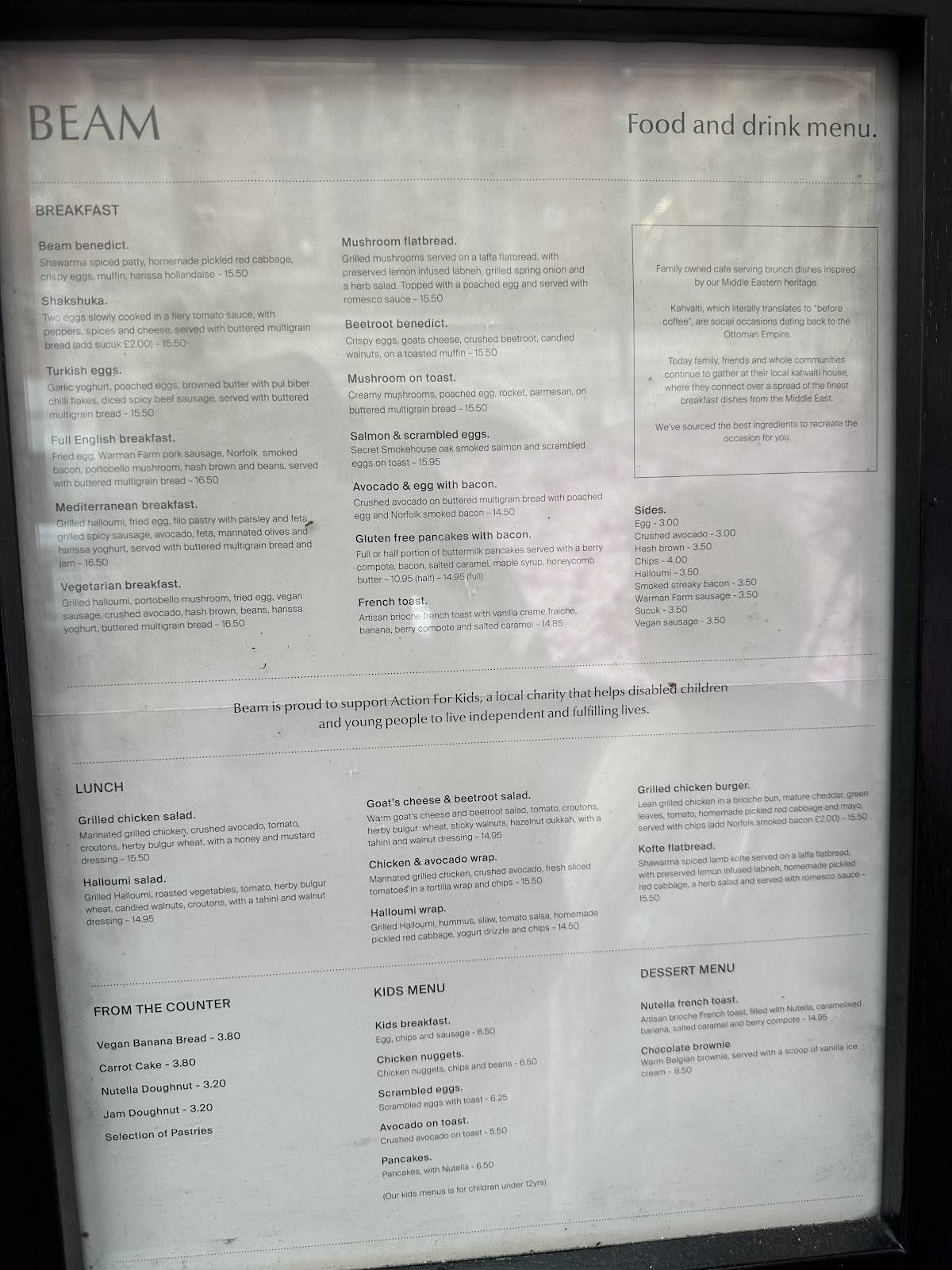 Menu at Beam cafe, London, 39-41 Topsfield Rd