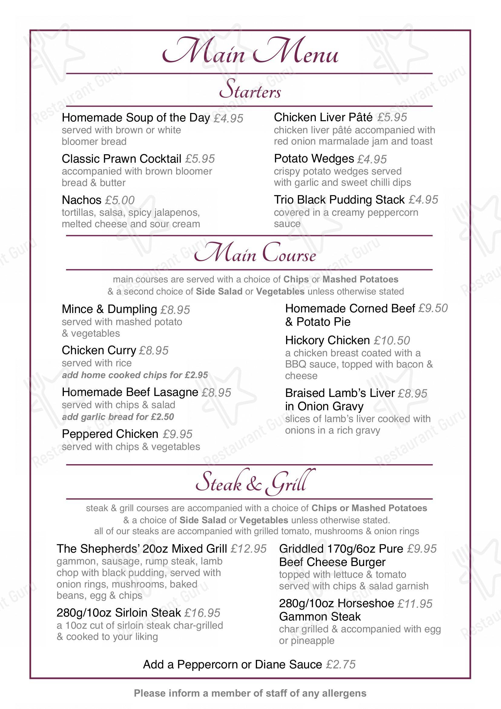 Menu at The Shepherd & Shepherdess Inn restaurant, Stanley
