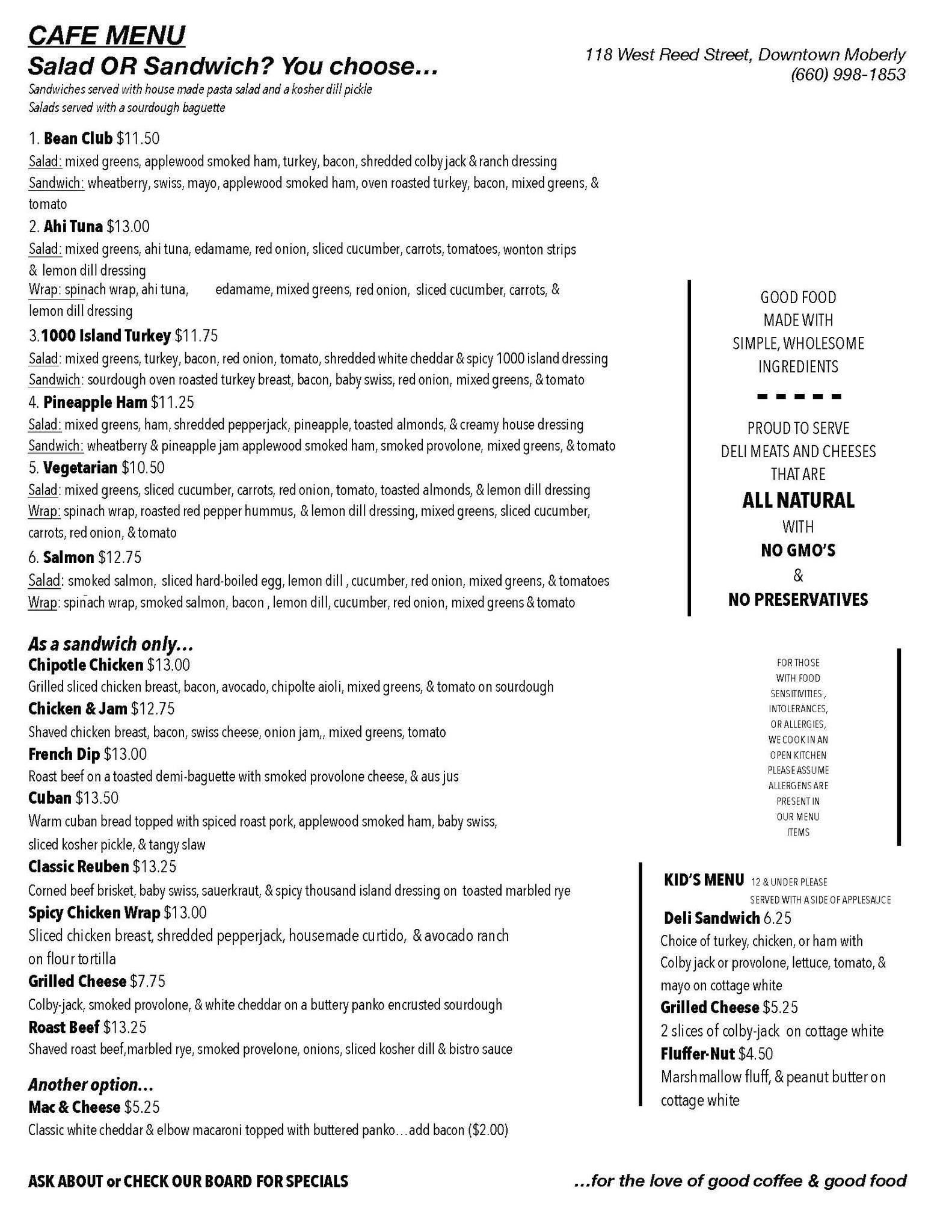 Menu at Bean cafe, Moberly