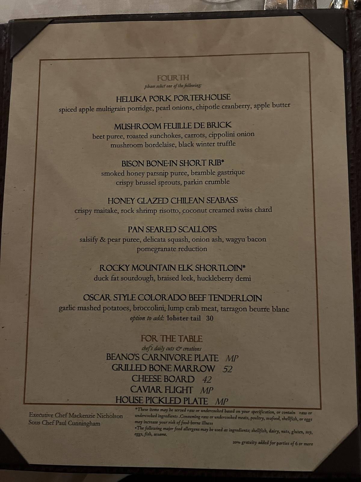 Menu at Beano's Cabin restaurant, Avon, Beaver Creek Resort