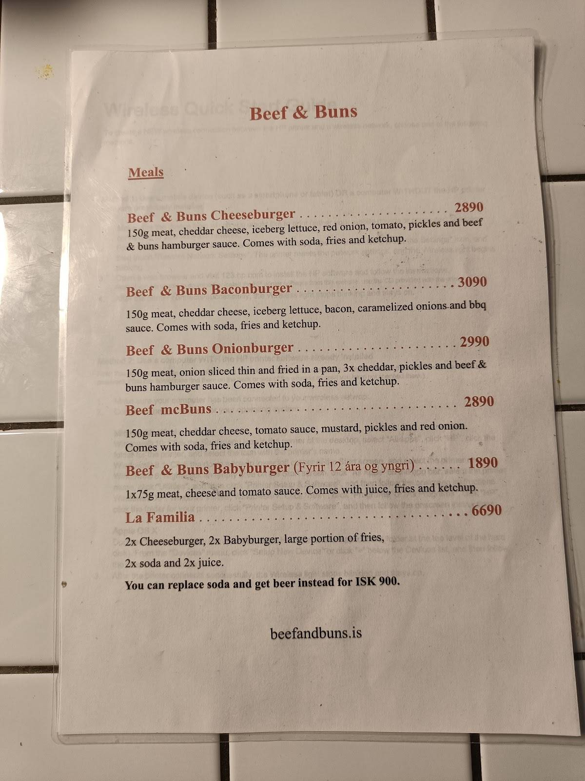 Menu at Beef & Buns restaurant, Reykjavík