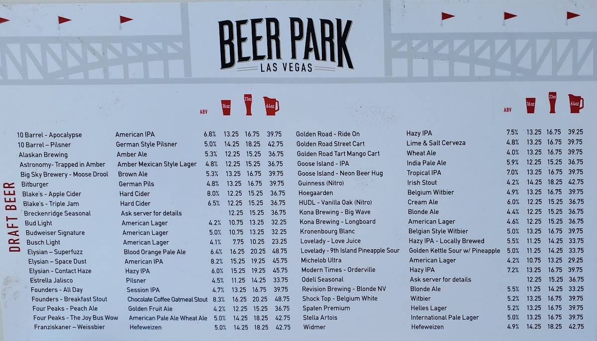 Menu at Beer Park pub & bar, Las Vegas, S Las Vegas Blvd