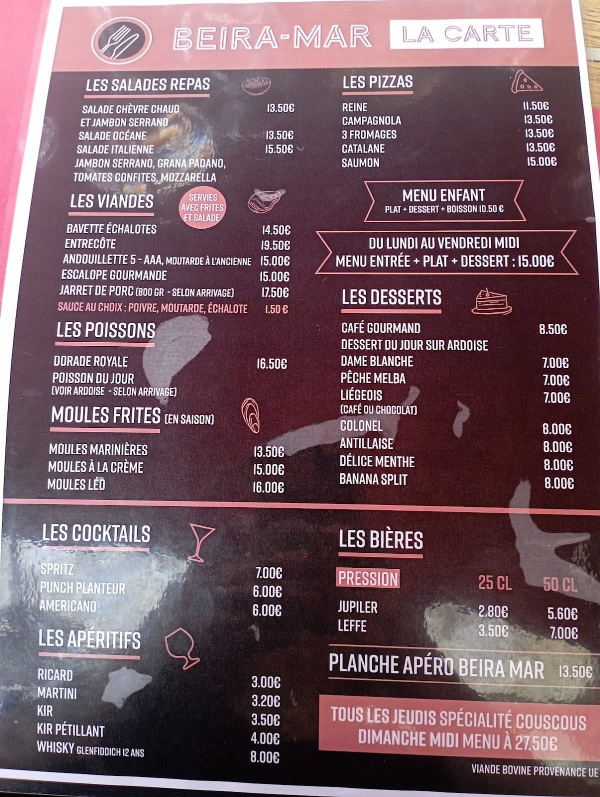 Menu au Beira Mar restaurant, Port-Louis