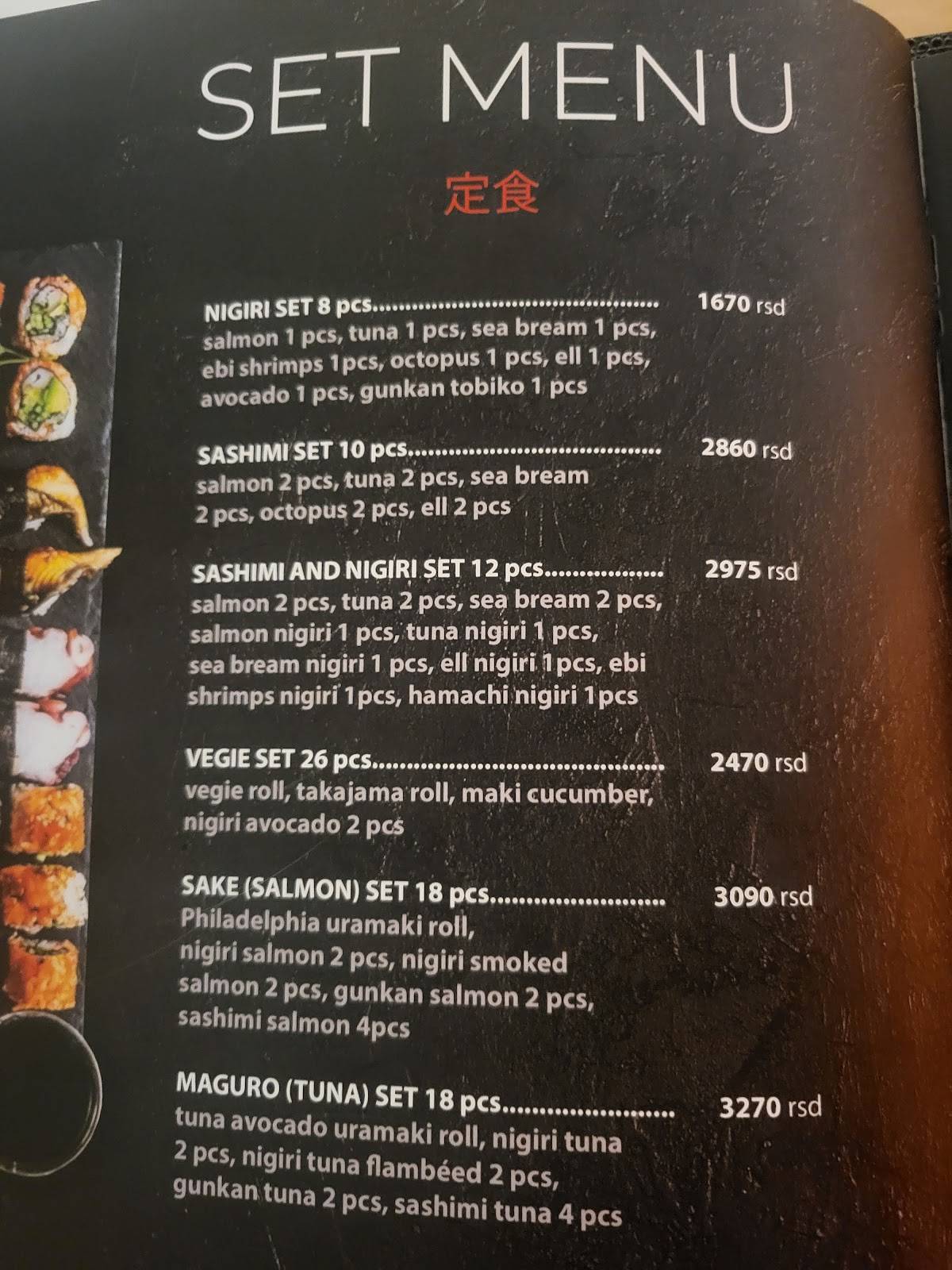 Menu at Wabi Sabi restaurant, Belgrade