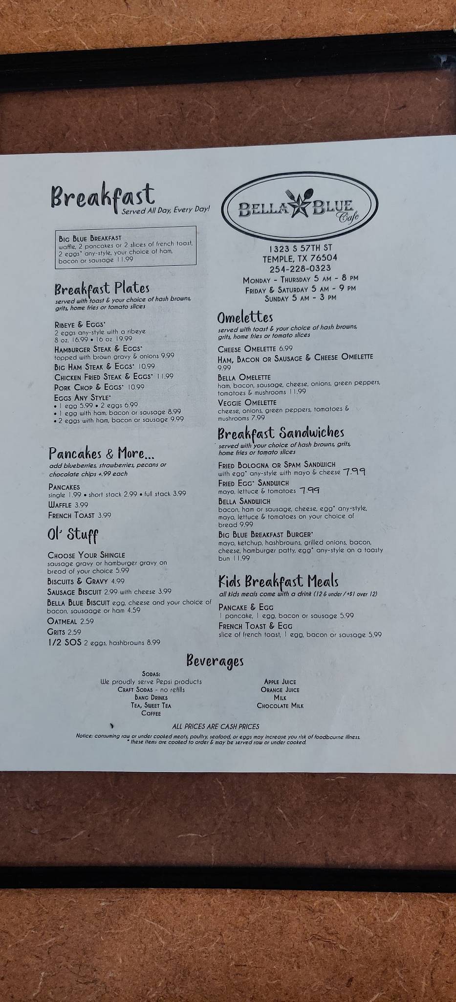 Menu at Bella Blue Cafe, Temple
