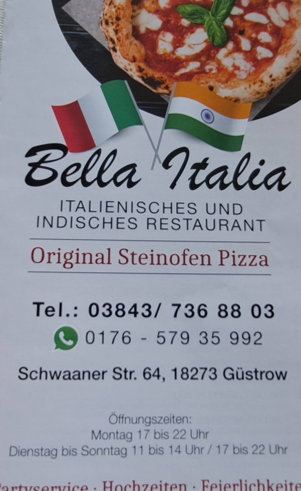 Menu at Bella Italia restaurant, Güstrow